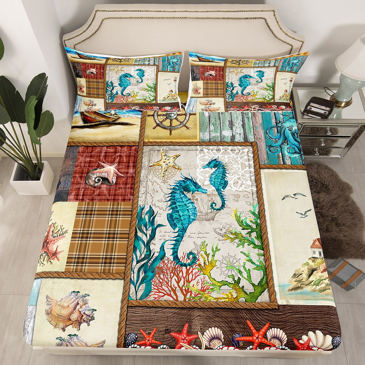 Ocean Patchwork Fitted Sheet for Kids Boys Girls,Starfish Sea Shell Bed ...