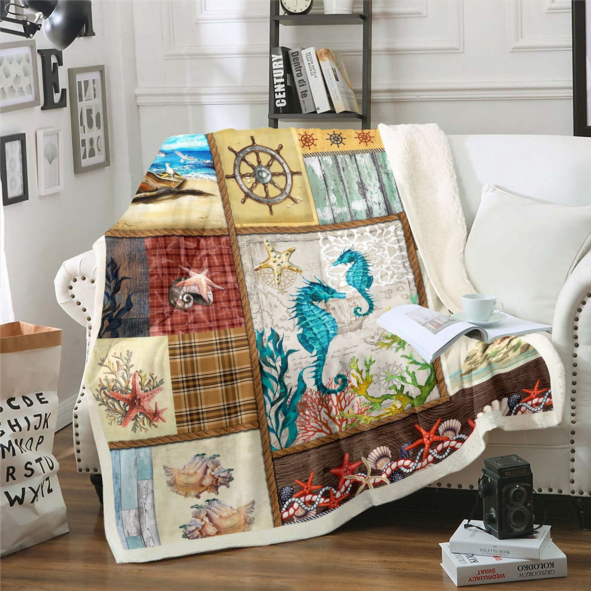 Ocean Patchwork Throw Blanket ,Starfish Sea Shell Fleece Blanket Throw ...