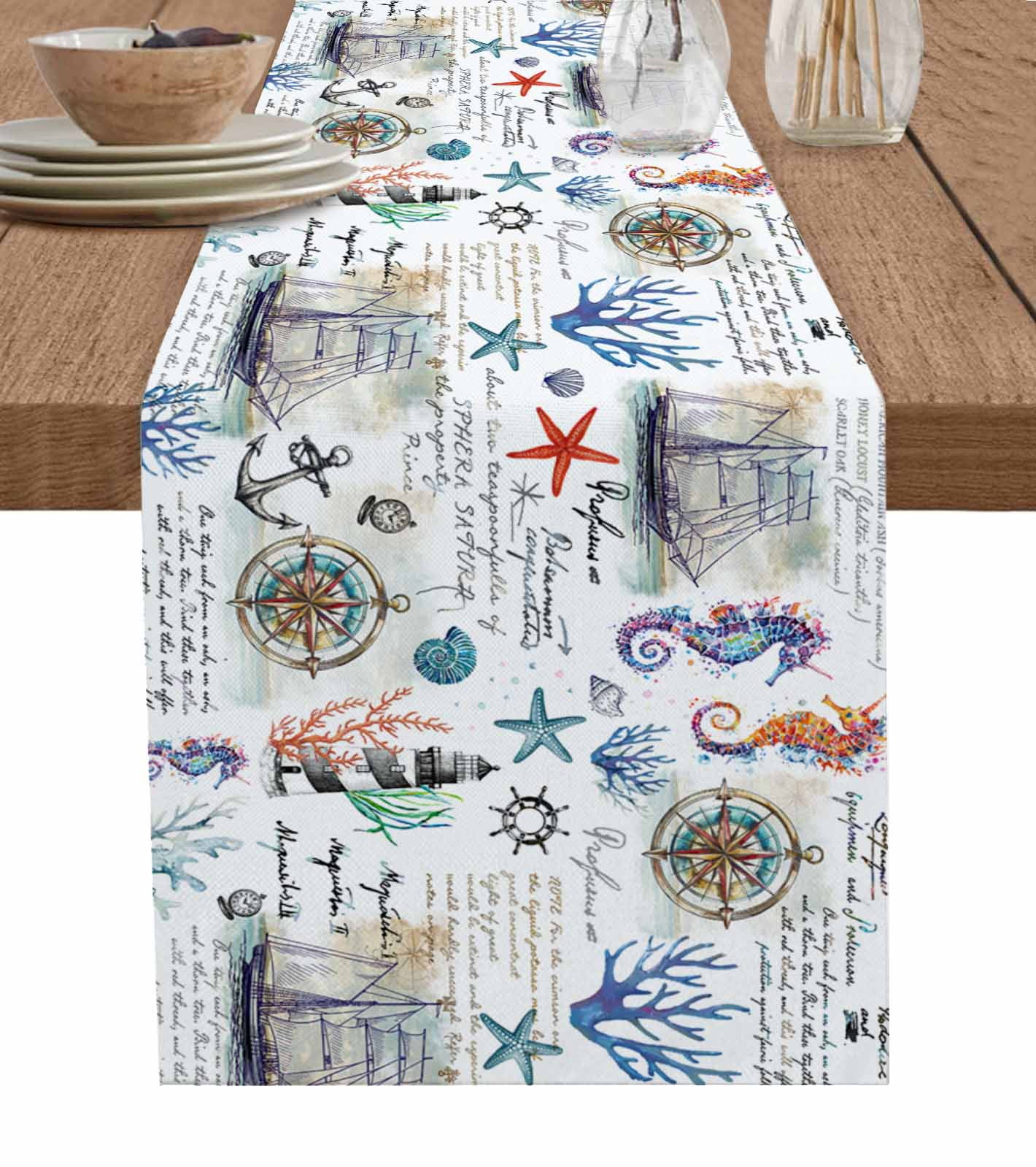 Ocean Plant Coral Sailboat Anchor Table Runner Cotton Linen Wedding ...