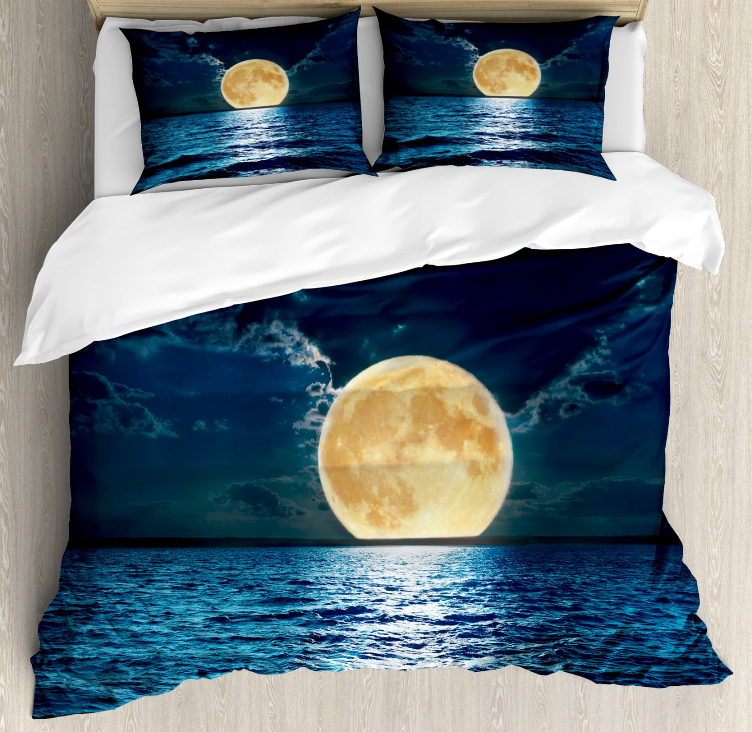 Ocean Queen Size Duvet Cover Set, Magical Super Moon Over Ocean Surface ...