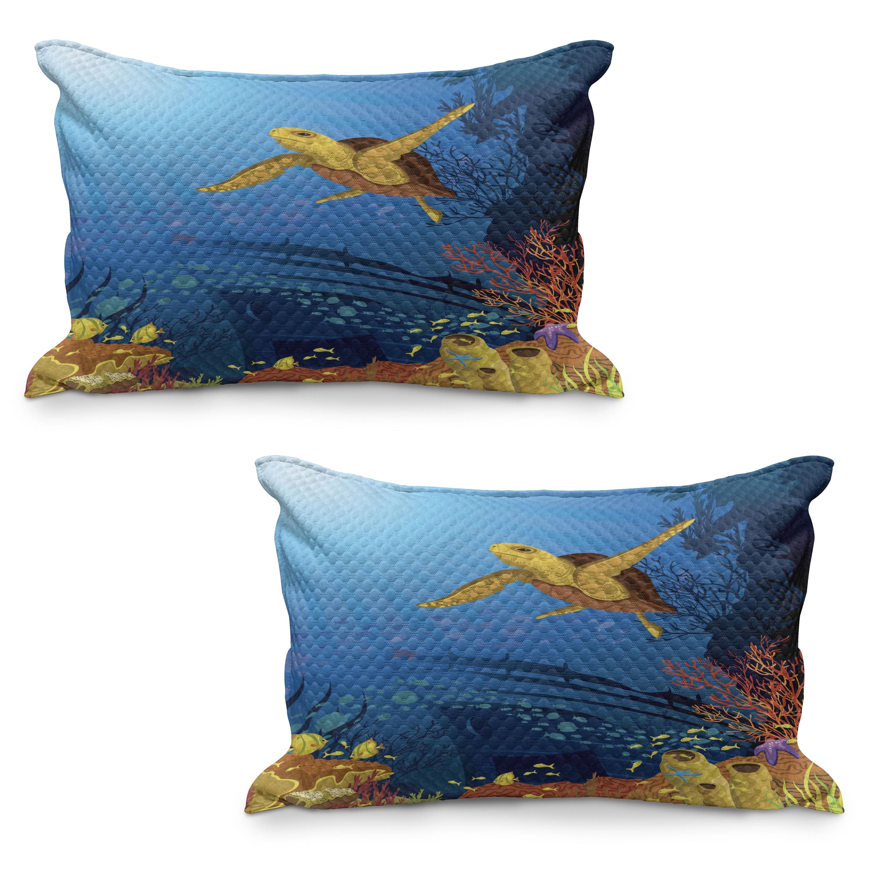 Ocean Quilted Pillowcover Set of 2, Colored Coral Reef with Silhouette ...
