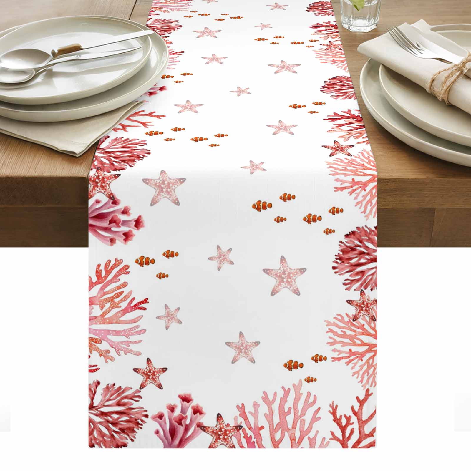 Ocean Red Coral Cotton Linen Table Runner Summer Nautical Sea ...