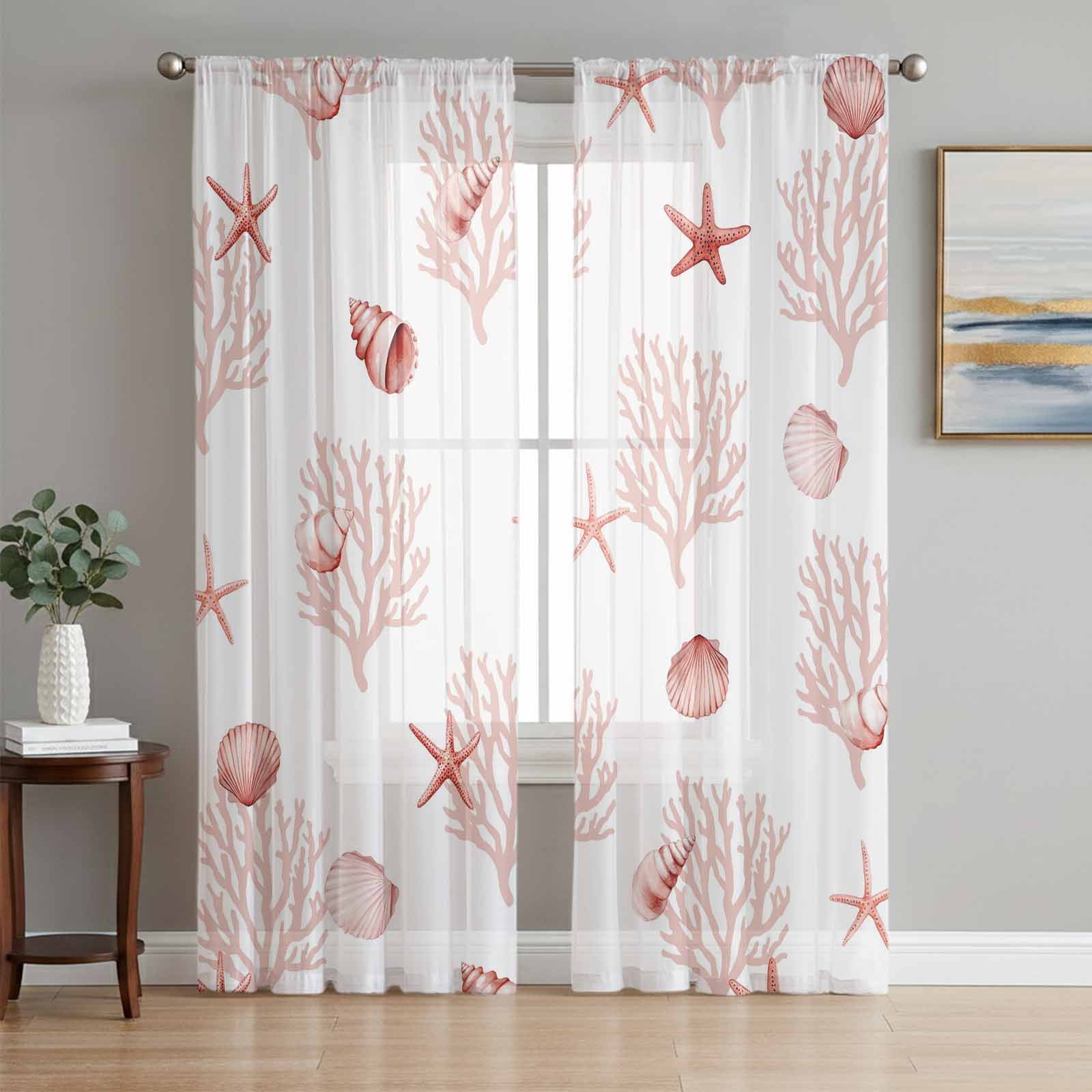 Ocean Red Coral Sheer Curtains for Living Room Bedroom Summer Coastal ...
