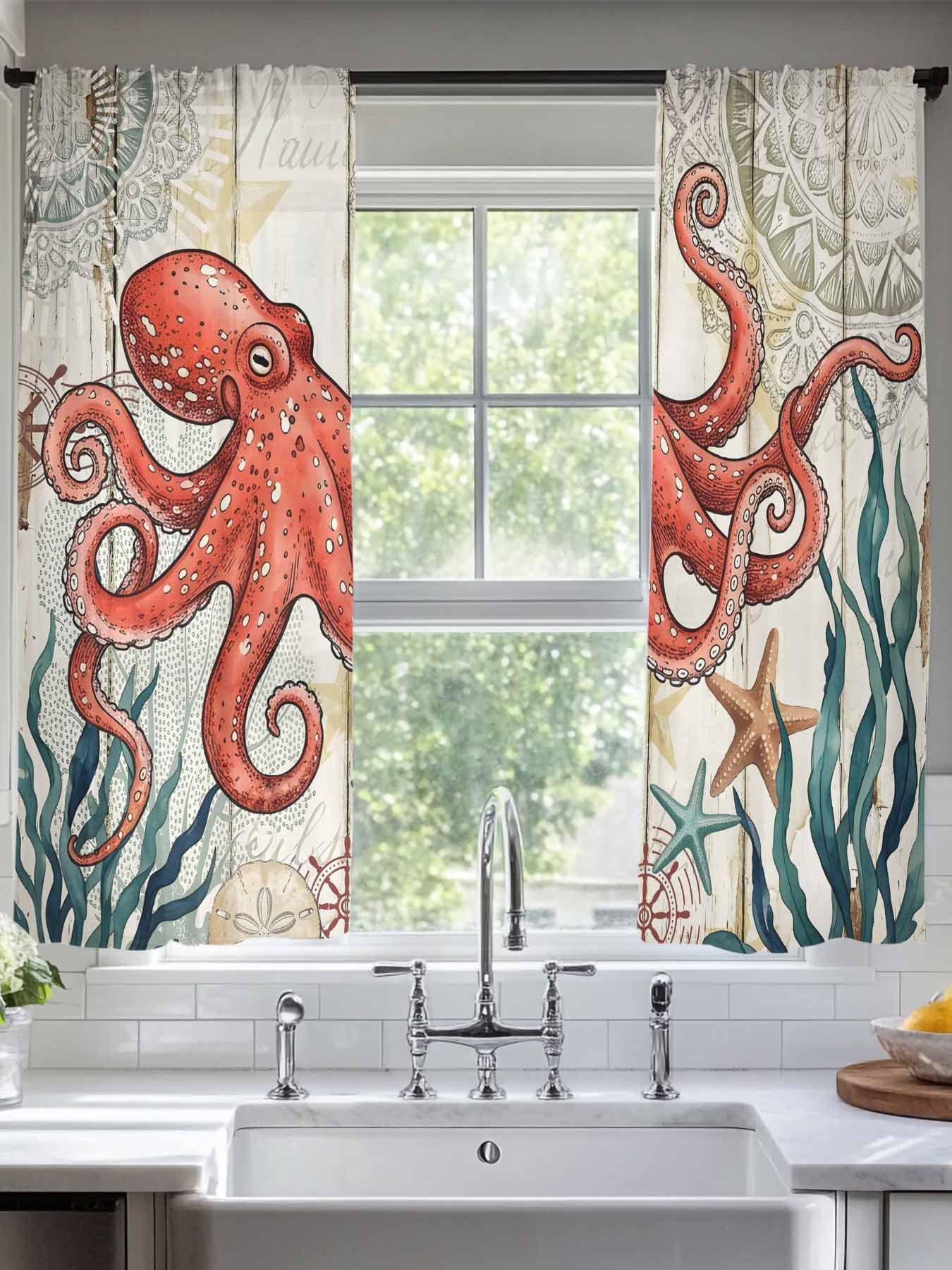 Ocean Red Octopus Retro Wood Sheer Curtains 2 Panels Set Nautical ...