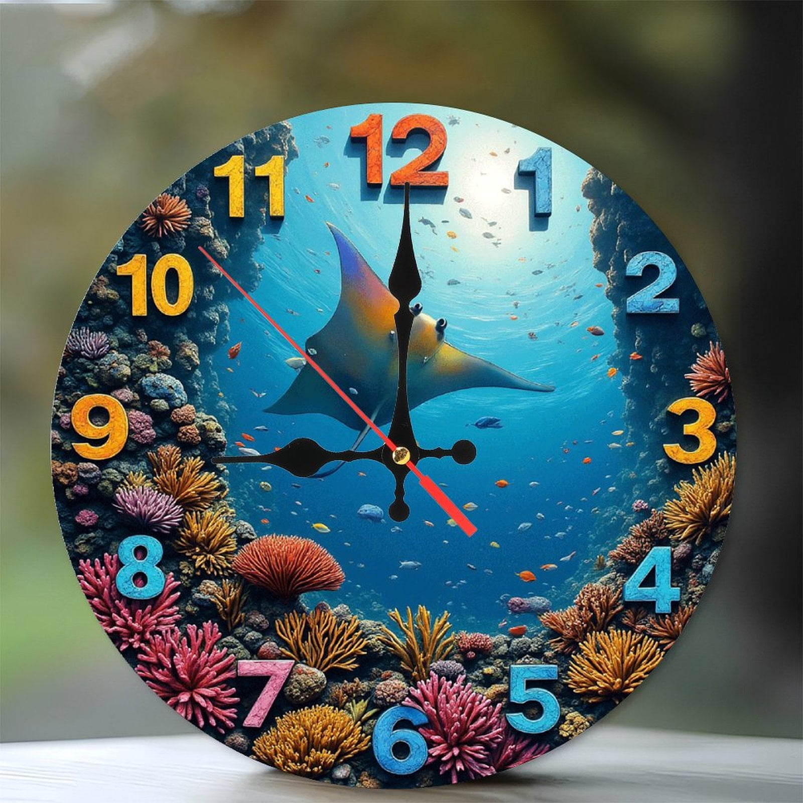 Ocean Reef Manta Ray Wall Clock Colorful Fish 10-Inch Silent Wooden ...