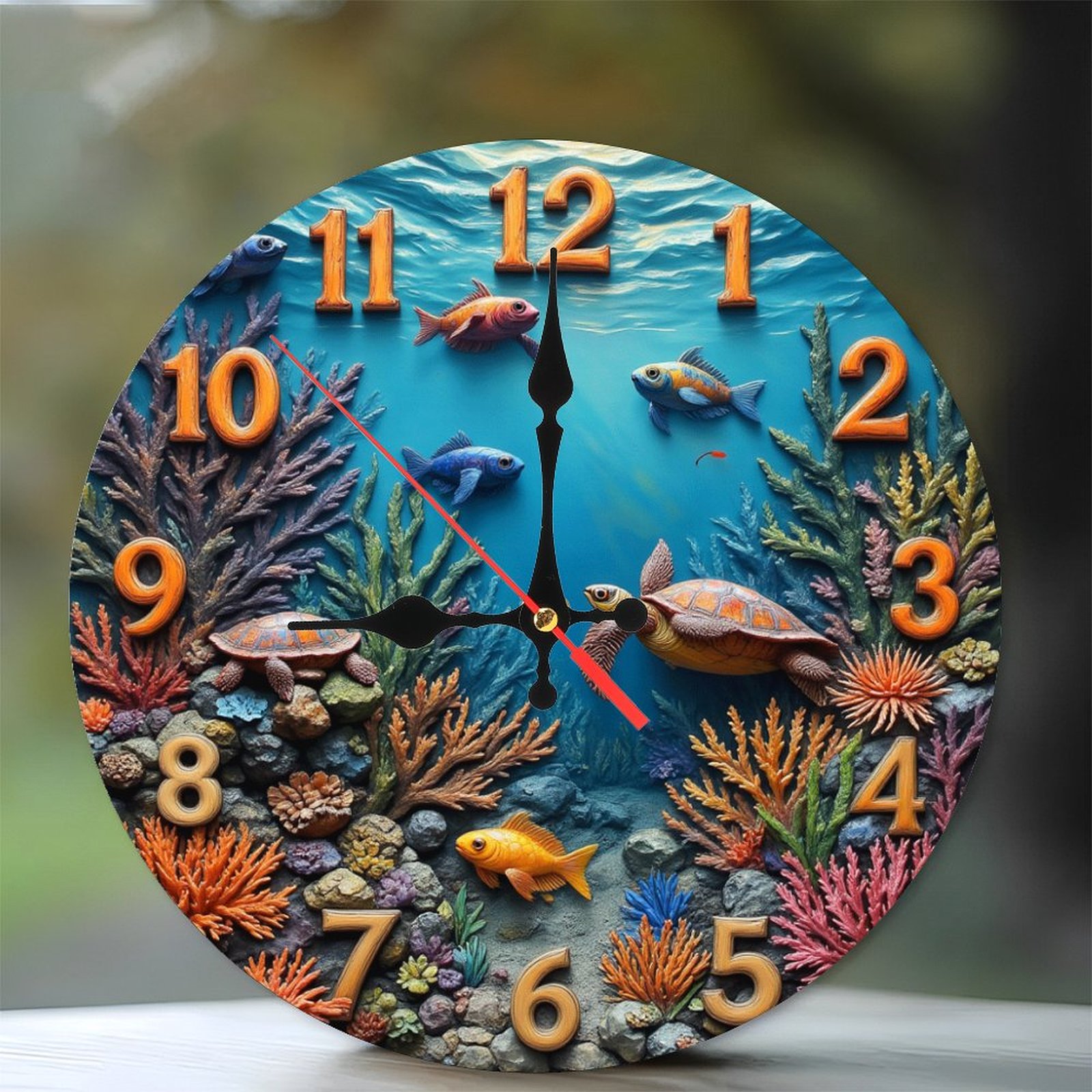 Ocean Reef Turtle Fish Clock Wall Decor 10-Inch Silent Wooden Wall ...