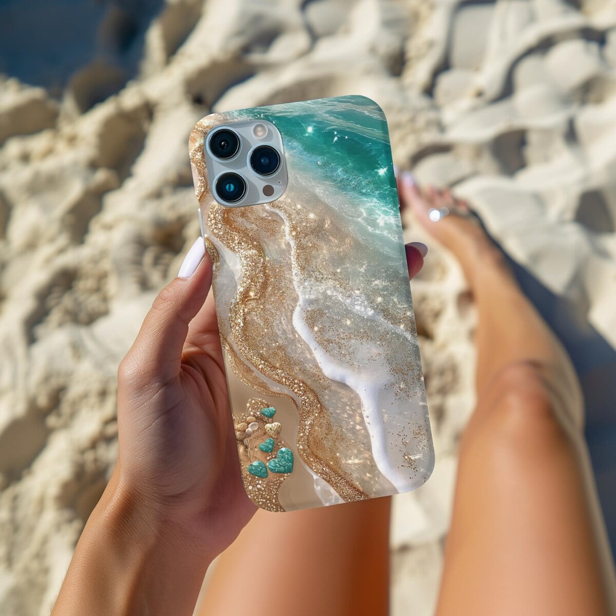 Ocean Resin-Look Phone Case with Turquoise Glitter Beach Waves Design ...