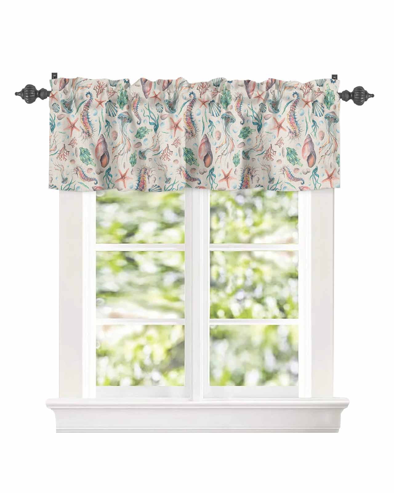 Ocean Retro Seahorse Conch Shell Window Valances for Kitchen,Rod Pocket ...