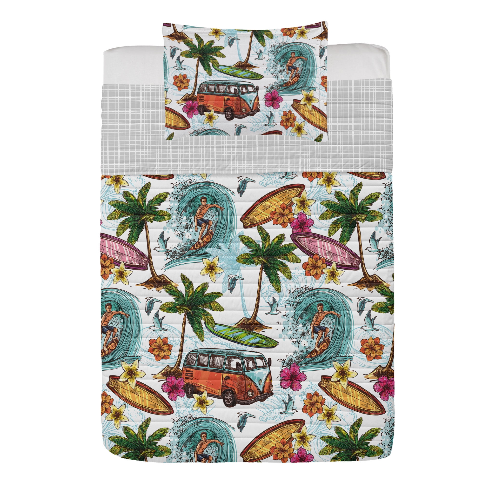 Ocean Reversible Bedspread Set, Hawaiian Surfer on Wavy Deep Sea Retro ...