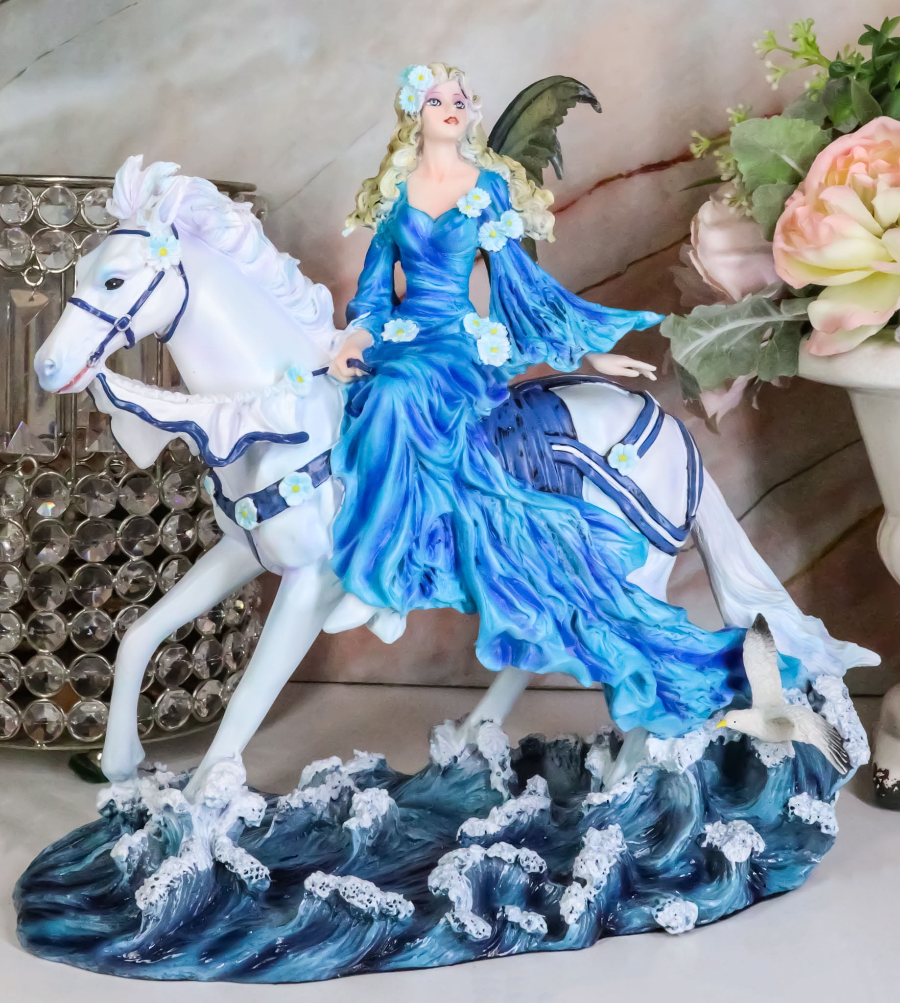 Ocean Rider Large Water Elemental Euphoria Fairy On White Horse Statue ...