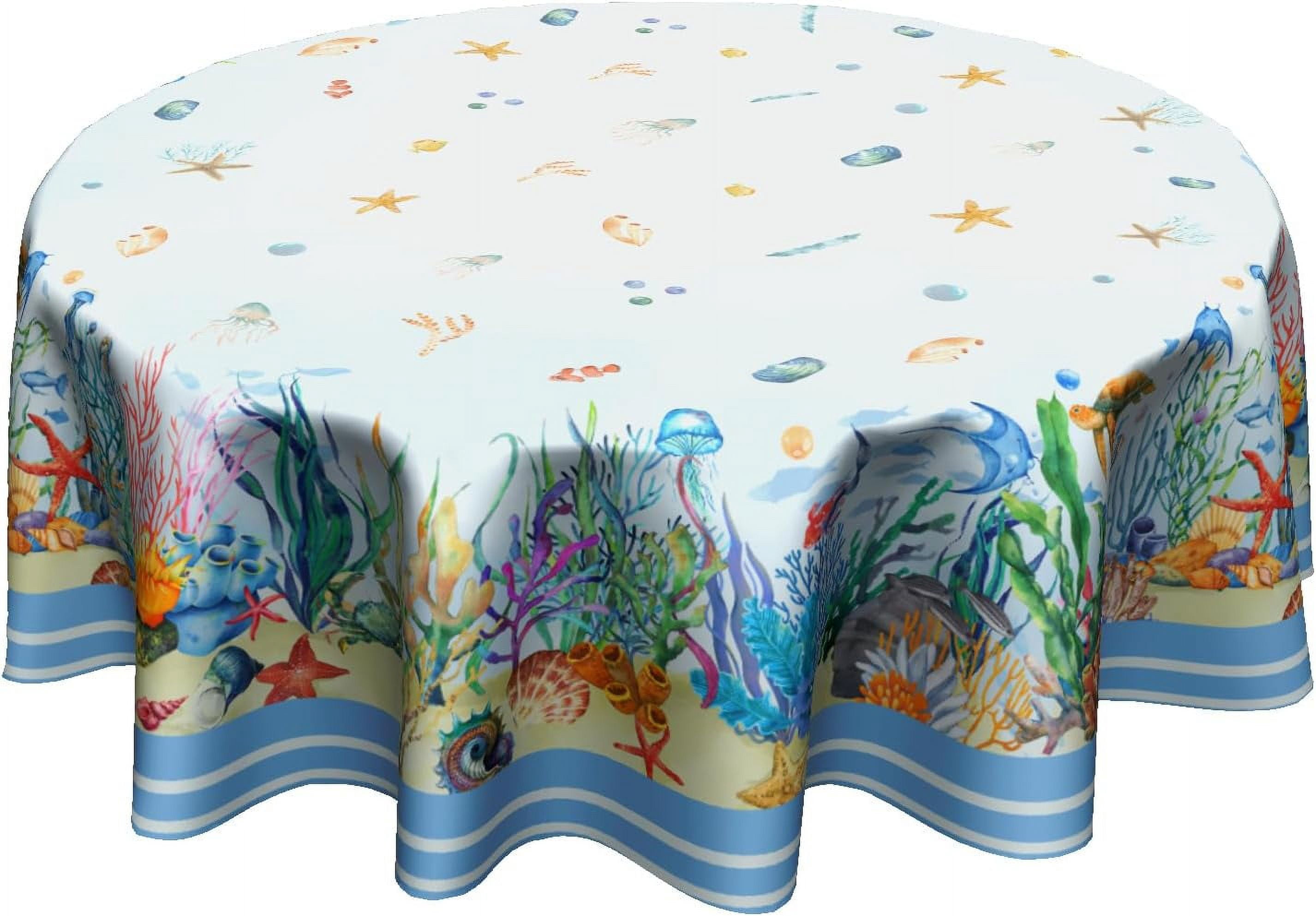 Ocean Round Tablecloth 60 Inch Nautical Coral Seashell Circle Table ...