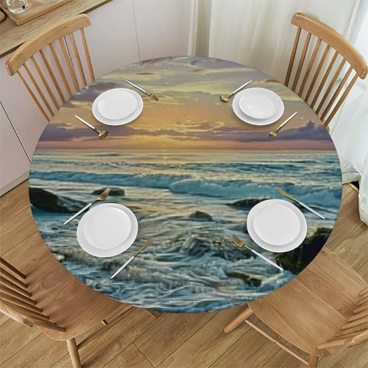 Ocean Round Tablecloth with Elastic Edge, Composition of Nature Rocks ...