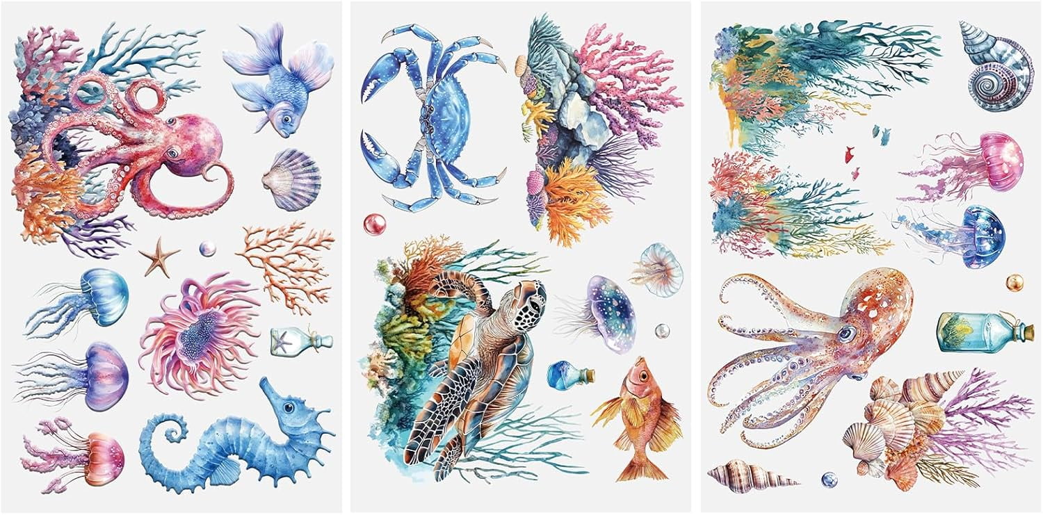 Ocean Rub on Transfers Stickers, 3 PCS Marine Animals Rub on Transfers ...