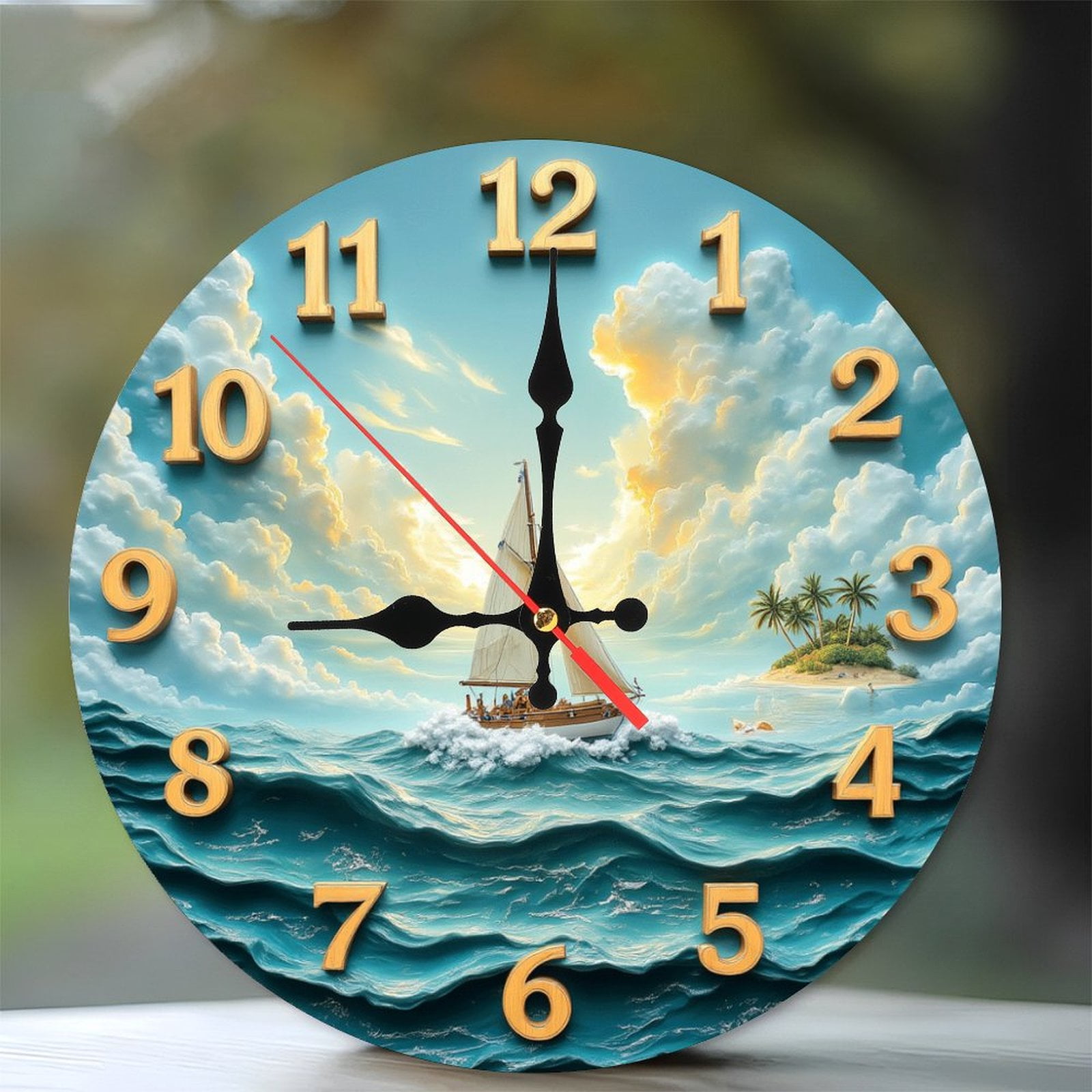 Ocean Sailboat Wall Clock Tropical Island Sunset 10-Inch Silent Wooden ...