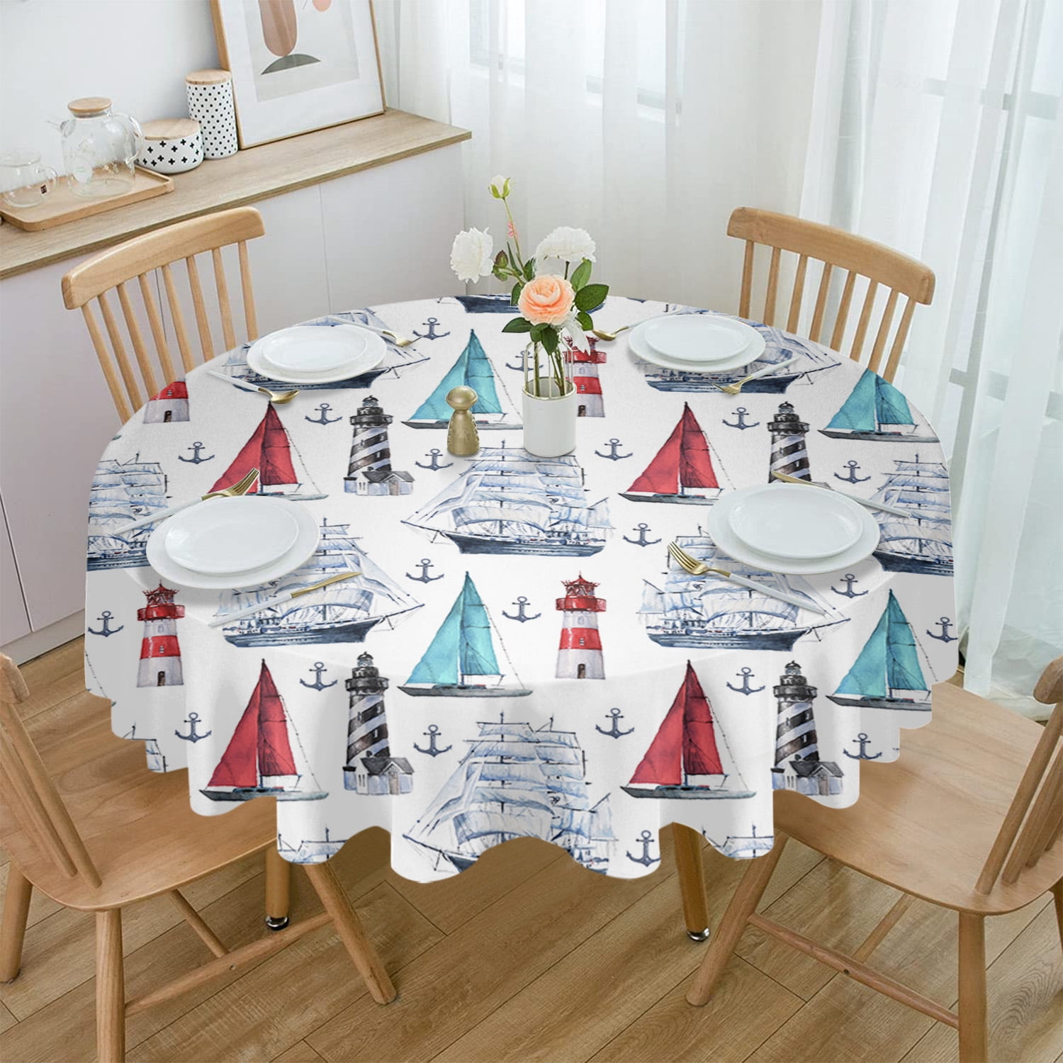 Ocean Sailing Lighthouse Anchor Round Waterproof Tablecloth Home ...