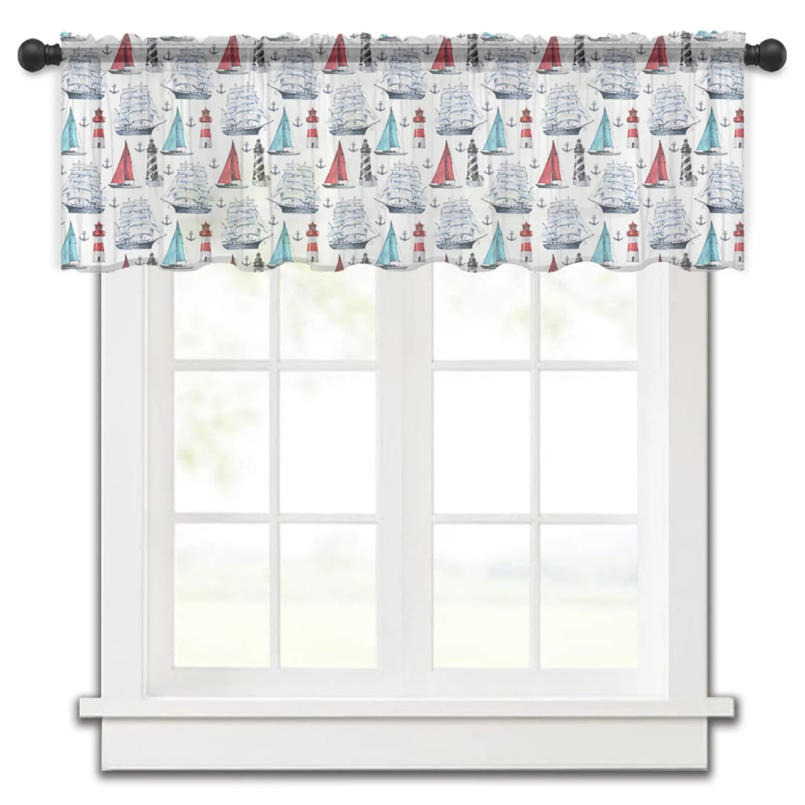 Ocean Sailing Lighthouse Anchor Short Tulle Curtains Bedroom Voile ...