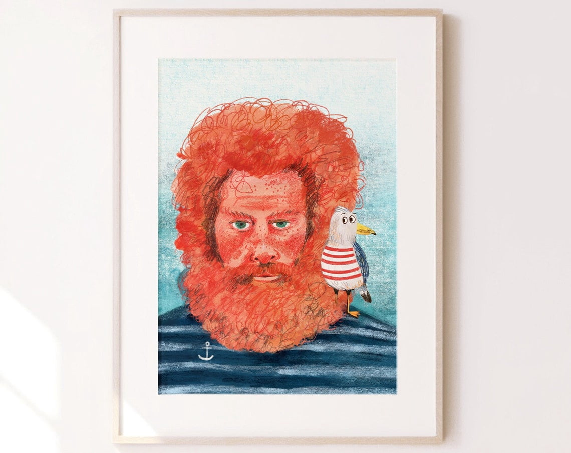 Ocean Sailor Portrait, Seafarer With Seagull, Nautical Wall Art Print ...