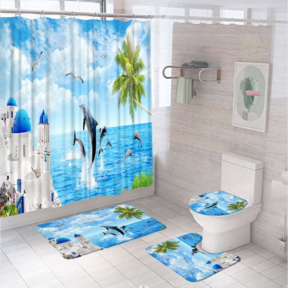 Ocean Scenery Shower Curtains Carpet Summer Beach Sea Palm Tree ...