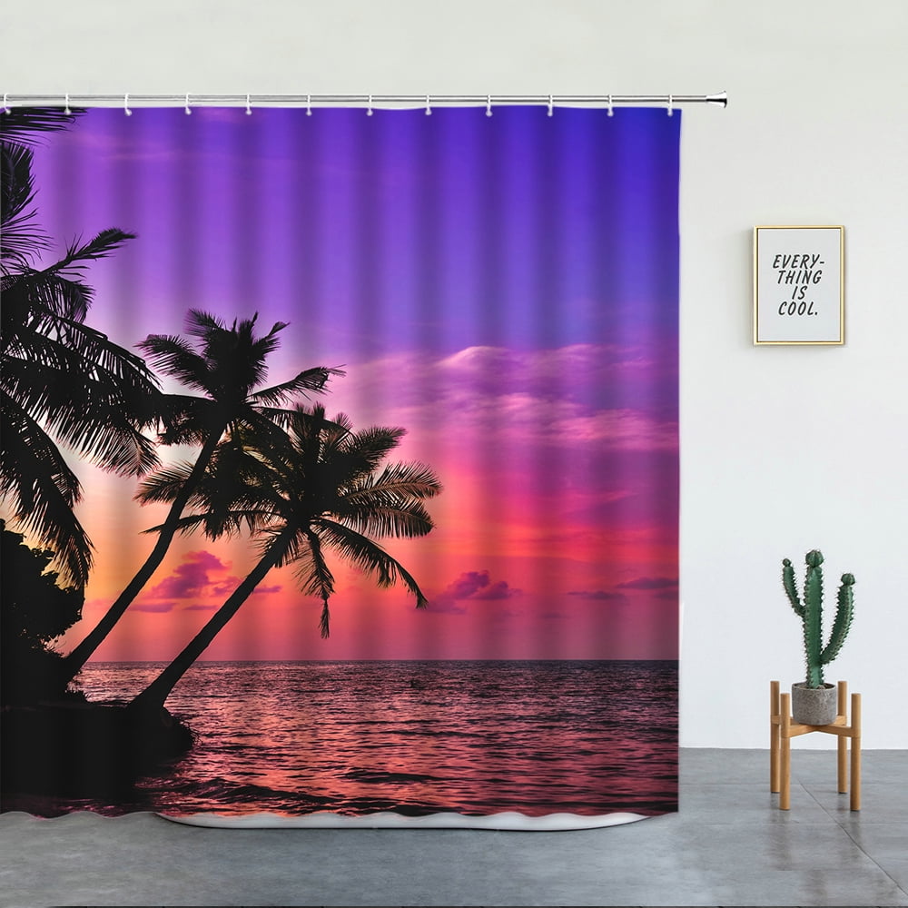 Ocean Scenery Shower Curtains Set Sea Sunlight Beach Palm Tree Dolphin ...