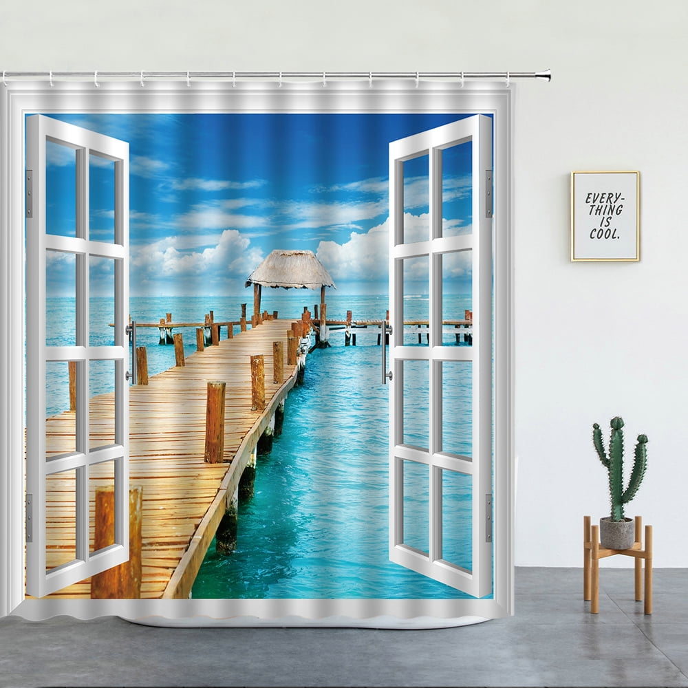Ocean Scenery Shower Curtains Set Sea Sunlight Beach Palm Tree Dolphin ...