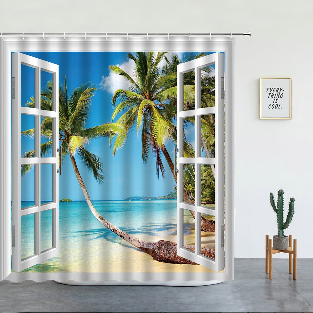 Ocean Scenery Shower Curtains Set Sea Sunlight Beach Palm Tree Dolphin ...