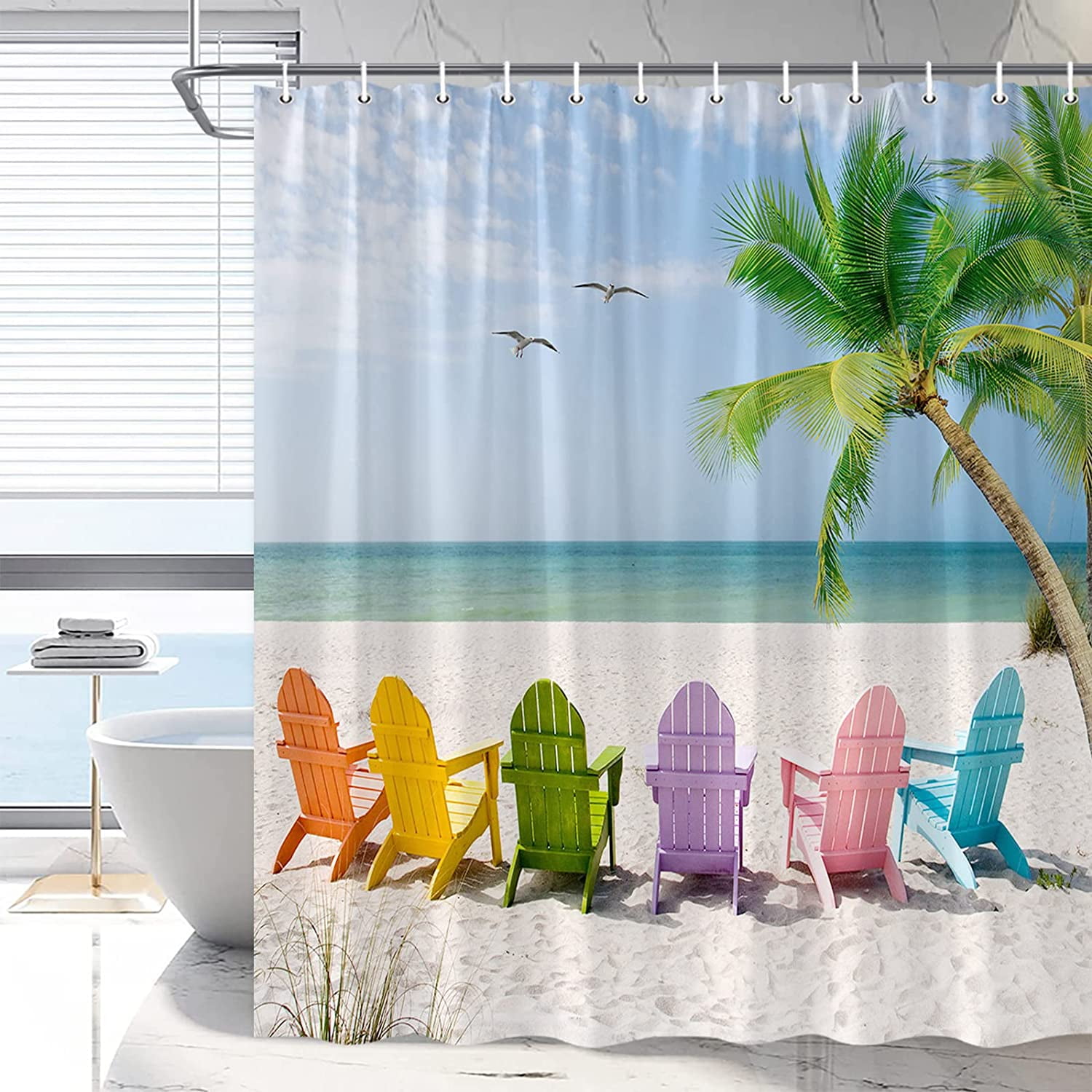 Ocean Scenic Shower Curtain Colorful Beach Chairs Funny Bathroom ...