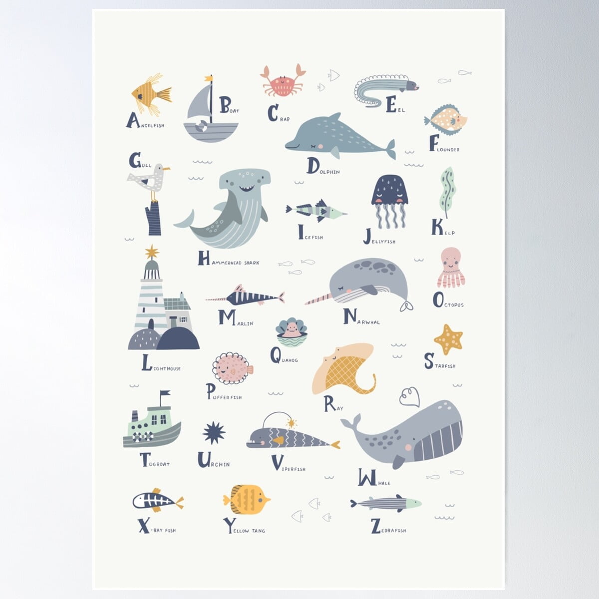 Ocean Sea Animals Alphabet In Dark Blue Poster Wall Art, Modern Wall ...