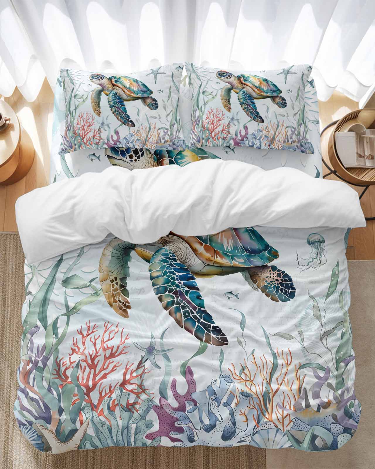 Ocean Sea Bedding Duvet Cover Set Twin Size 4 Pieces Turtle Coral ...