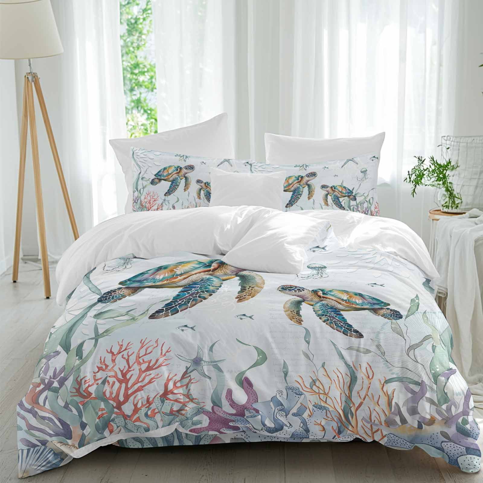 Ocean Sea Duvet Cover Set Twin Size, Turtle Coral Seagrass Marine Life ...