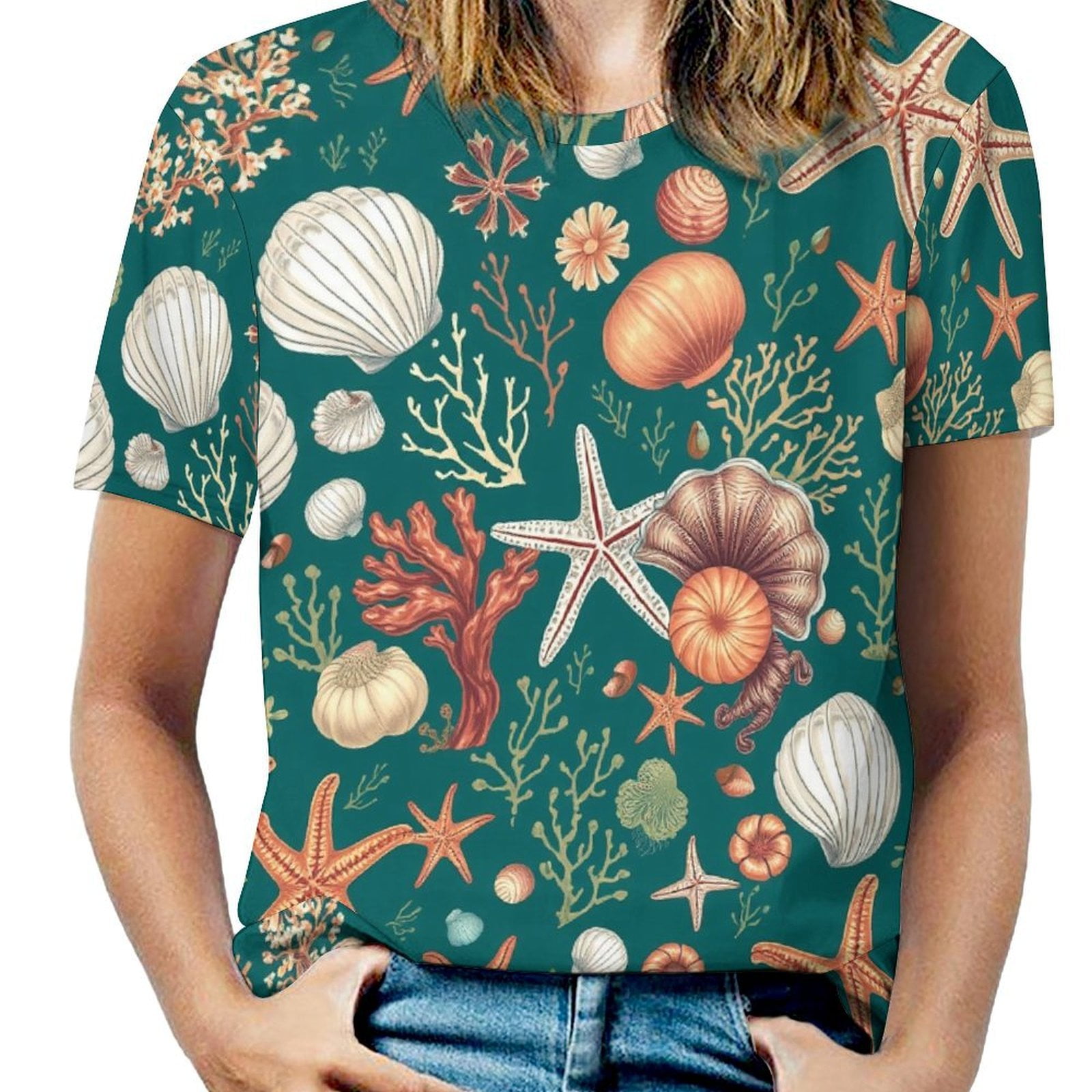 Ocean Sea Life Pattern T Shirt Women Short Sleeve Overd Tee Shirt Clothes Birthday Present ...