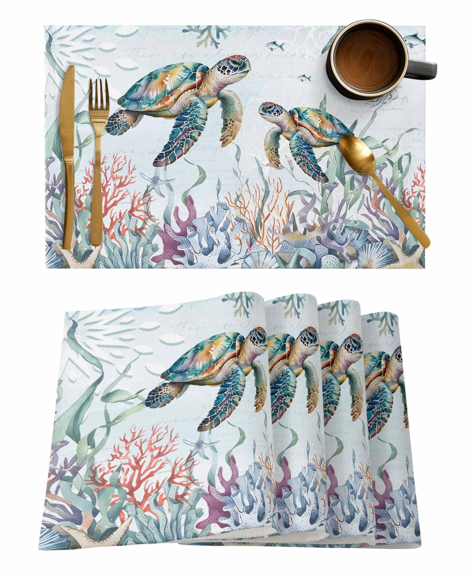 Ocean Sea Placemats Set of 4 Turtle Coral Seagrass Marine Life Coastal ...