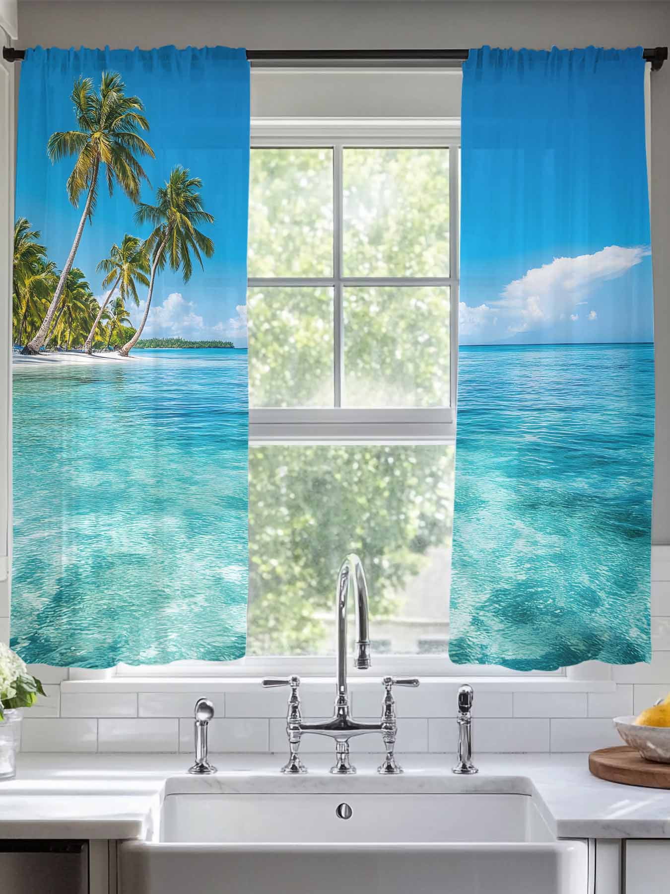 Ocean Sea Sheer Curtains for Living Room Bedroom Summer Palm Trees Blue ...