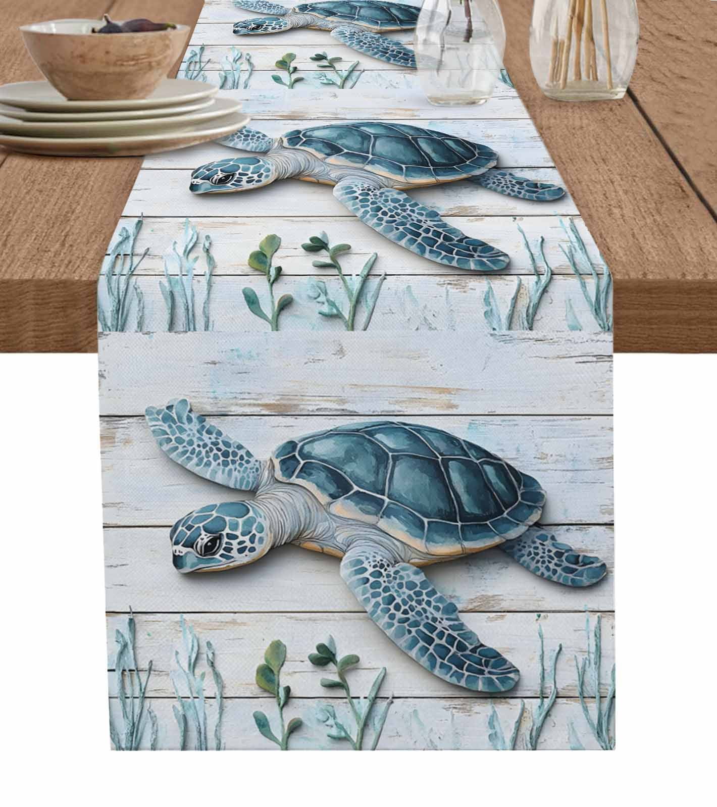 Ocean Sea Turtle Blue Burlap Cotton Table Runner 14x72 Inches Long ...