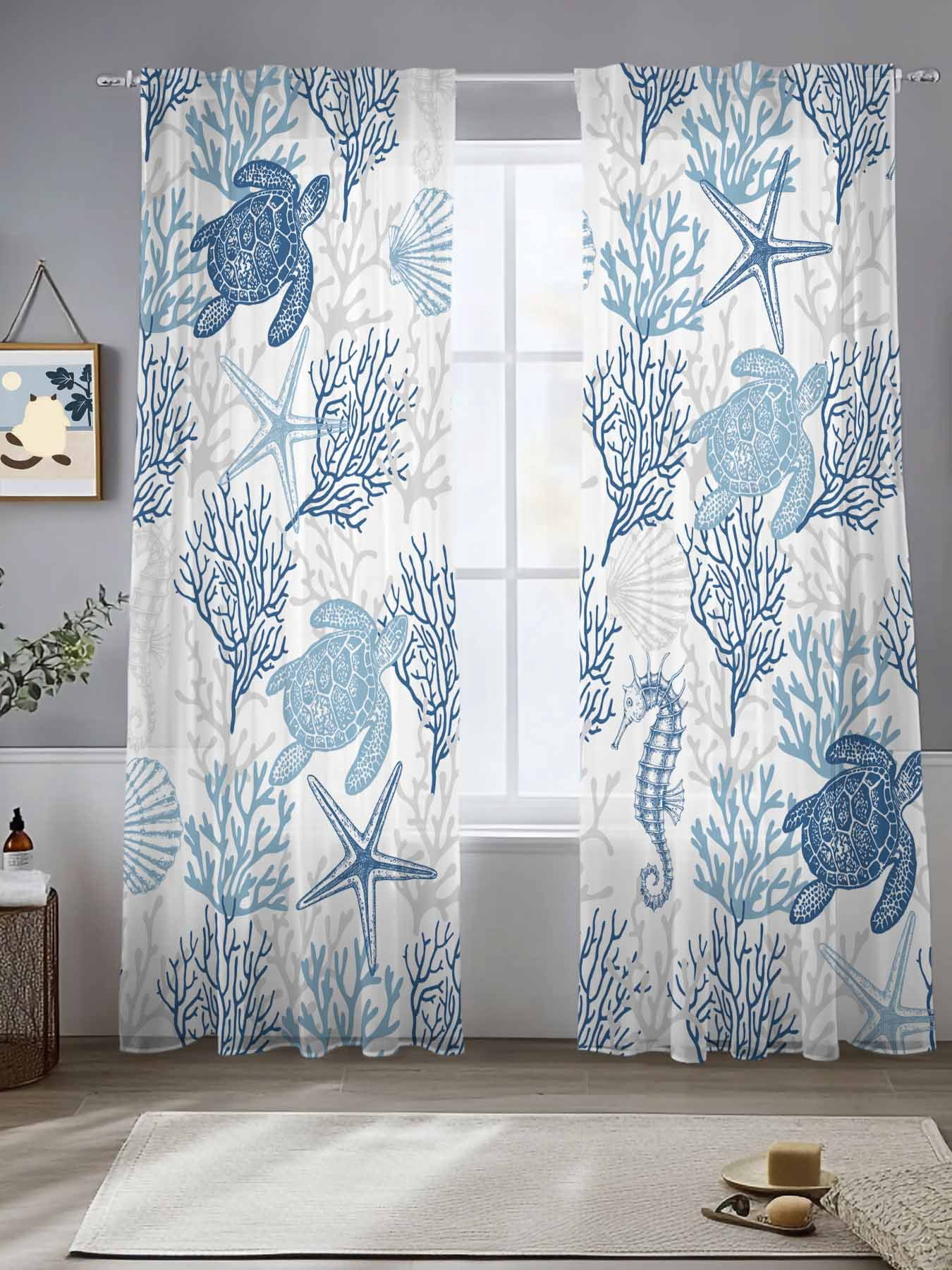 Ocean Sea Turtle Blue Coral Chiffon Sheer Curtains 96 Inches Long, Sea ...