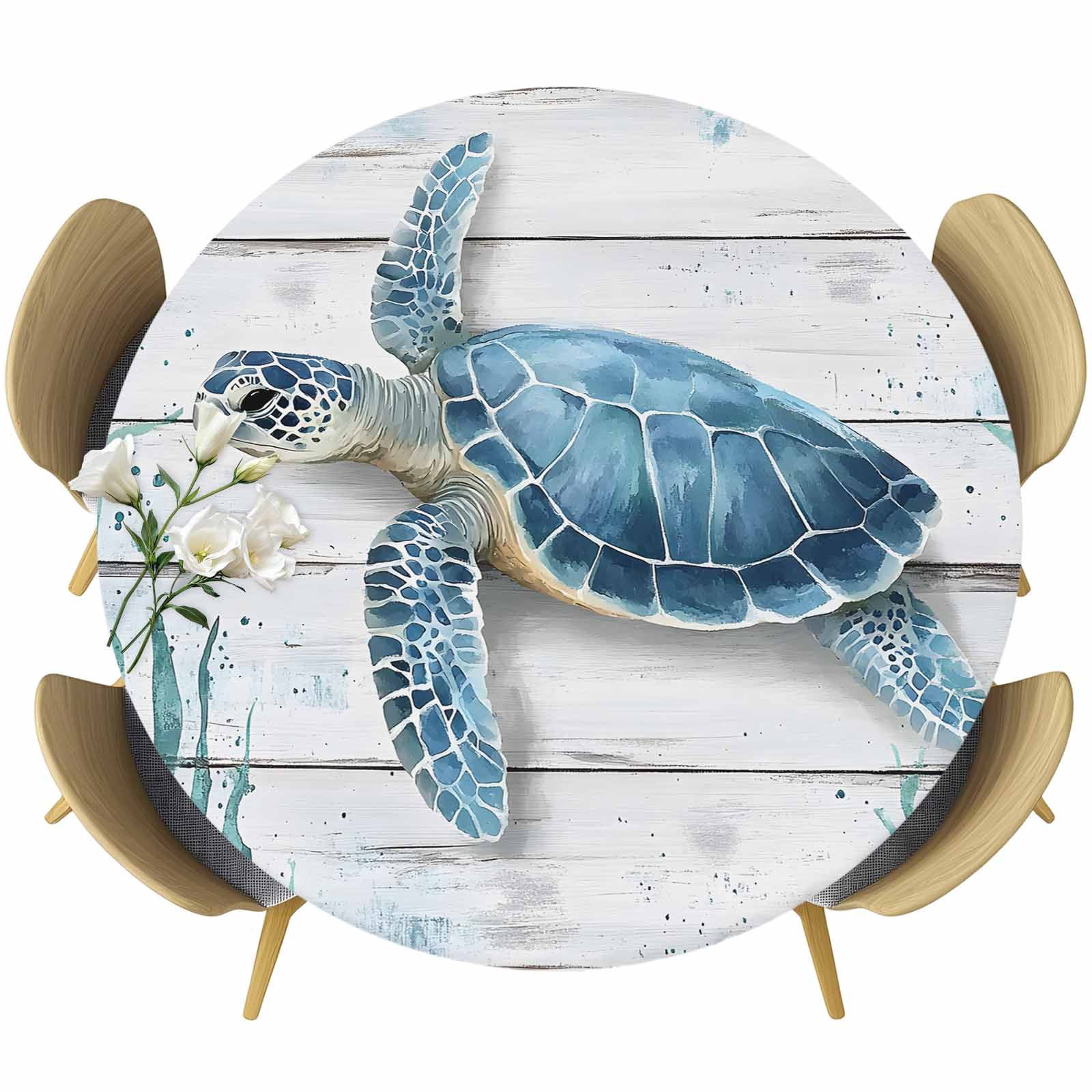 Ocean Sea Turtle Blue Round Tablecloth 55-60 Inch Round Fitted Table ...