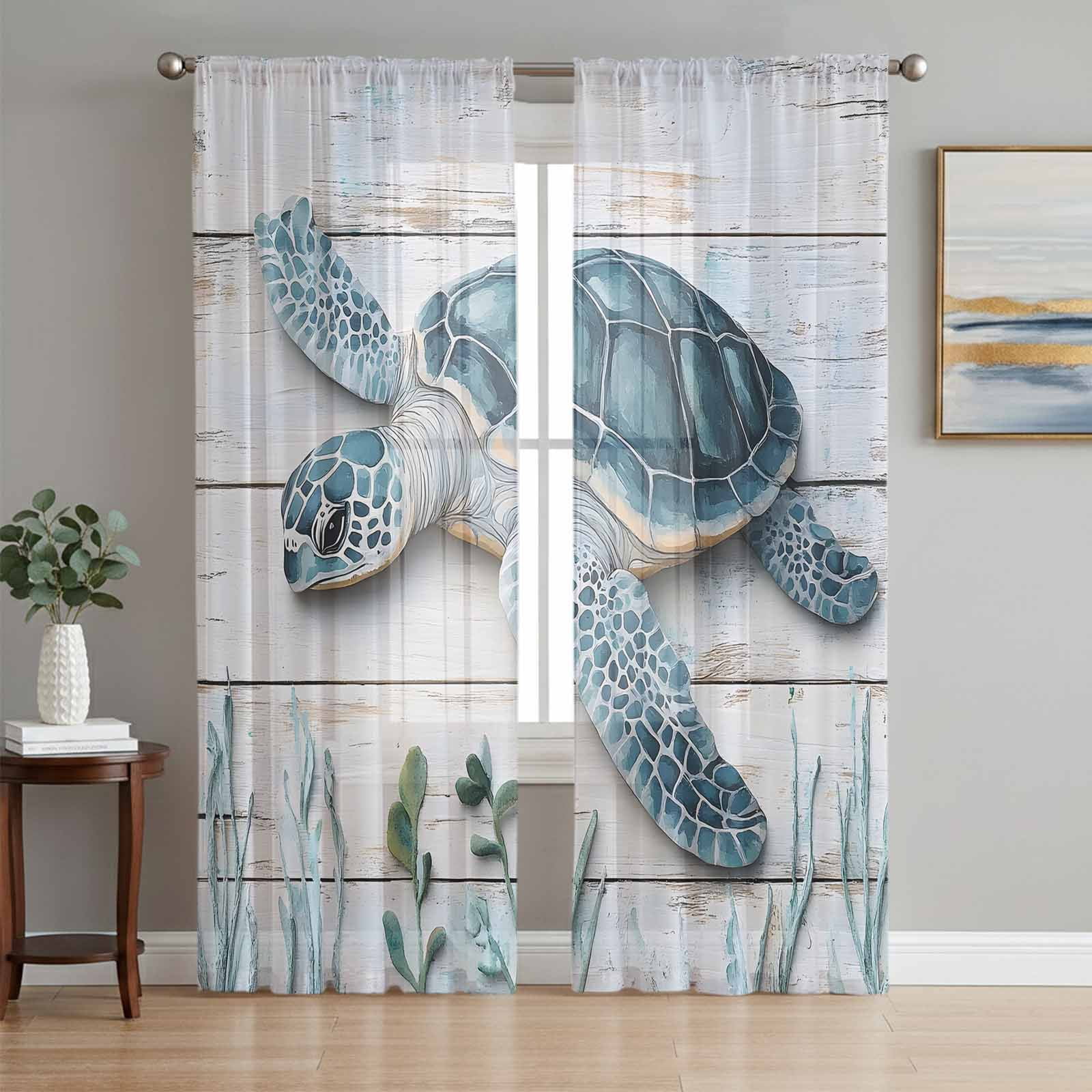 Ocean Sea Turtle Blue Sheer Curtains 63 Inch Length 2 Panels Set ...