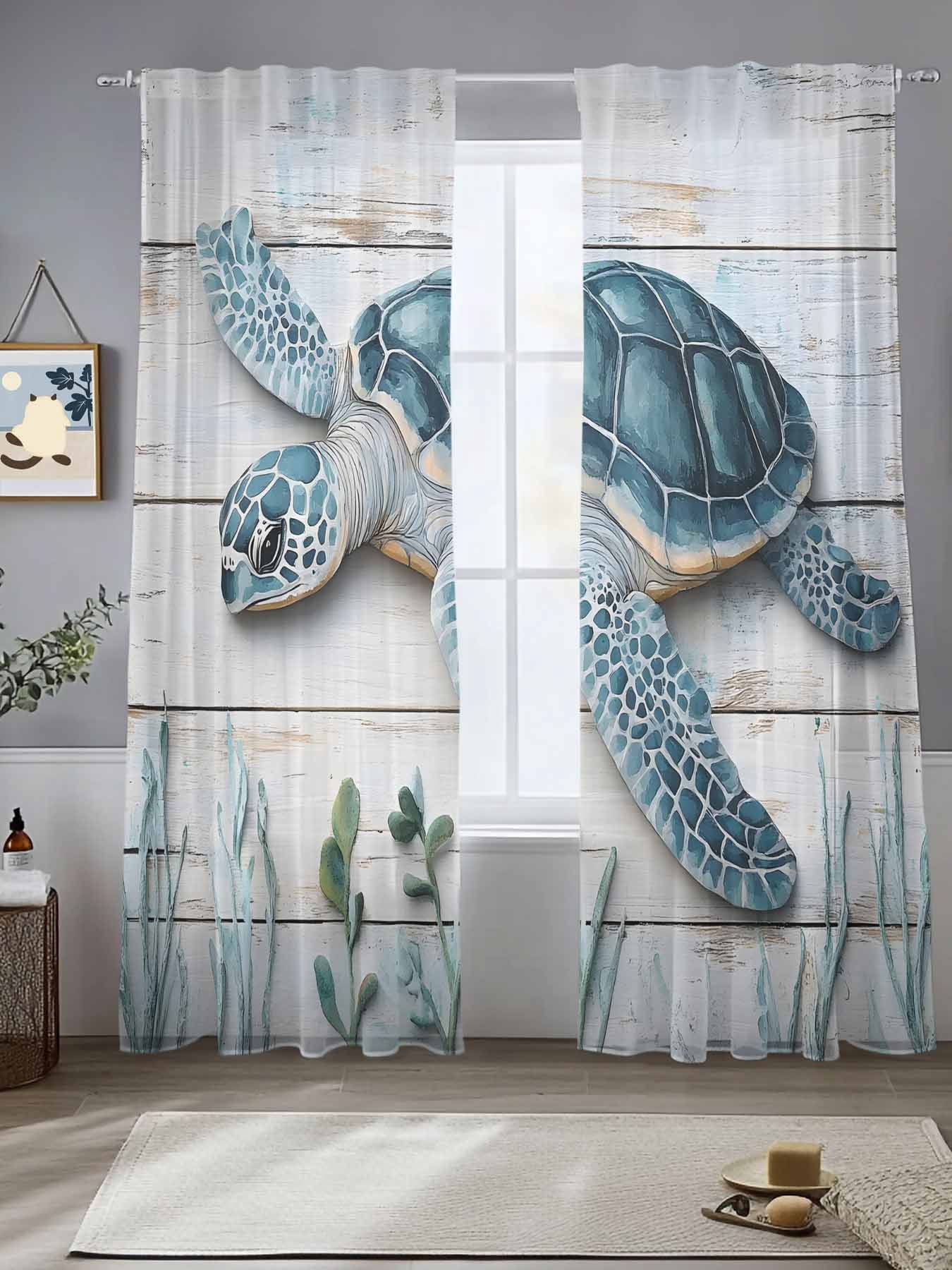 Ocean Sea Turtle Blue Sheer Curtains for Living Room Bedroom Summer ...