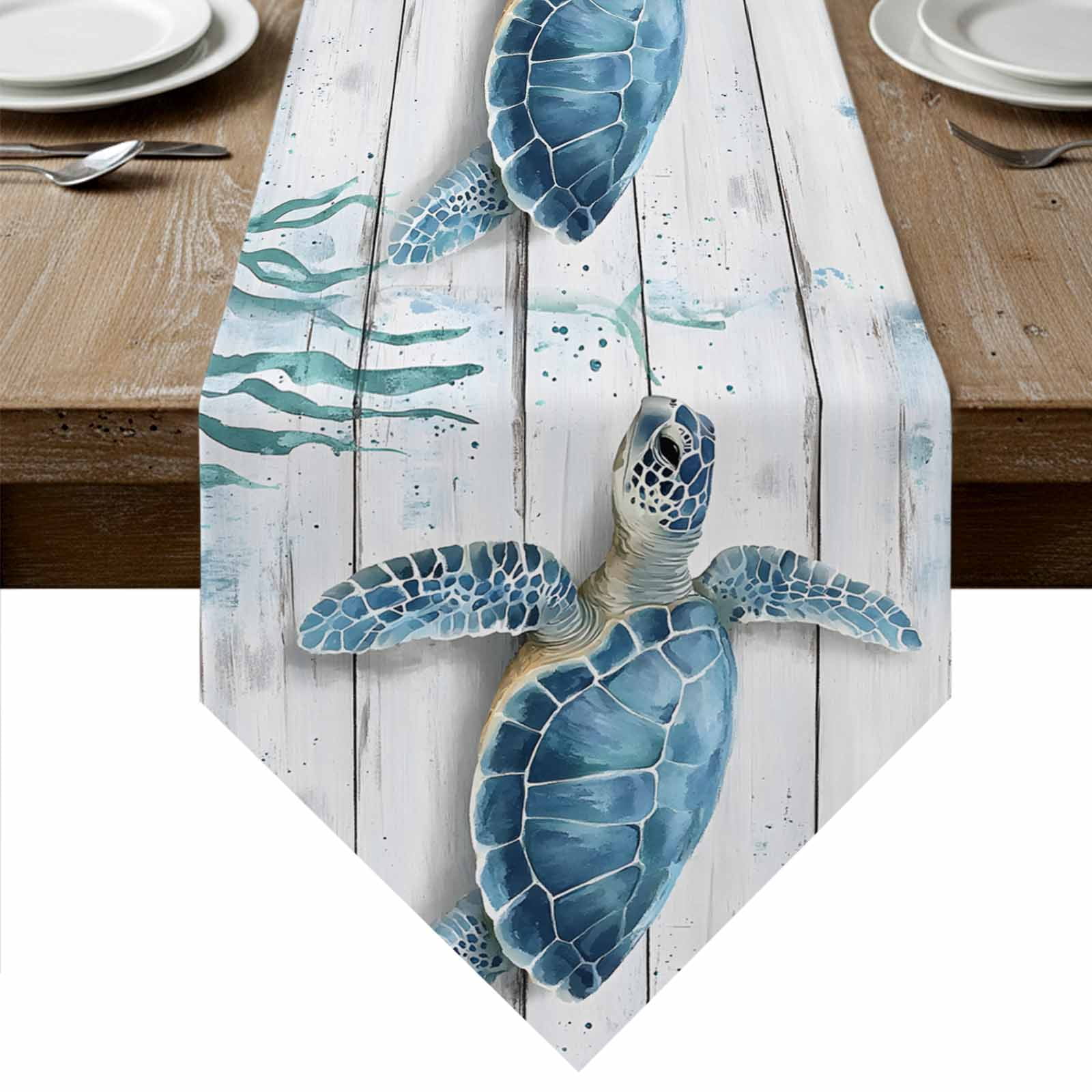 Ocean Sea Turtle Blue Table Runner Linen Burlap Table Runner 72 Inches ...