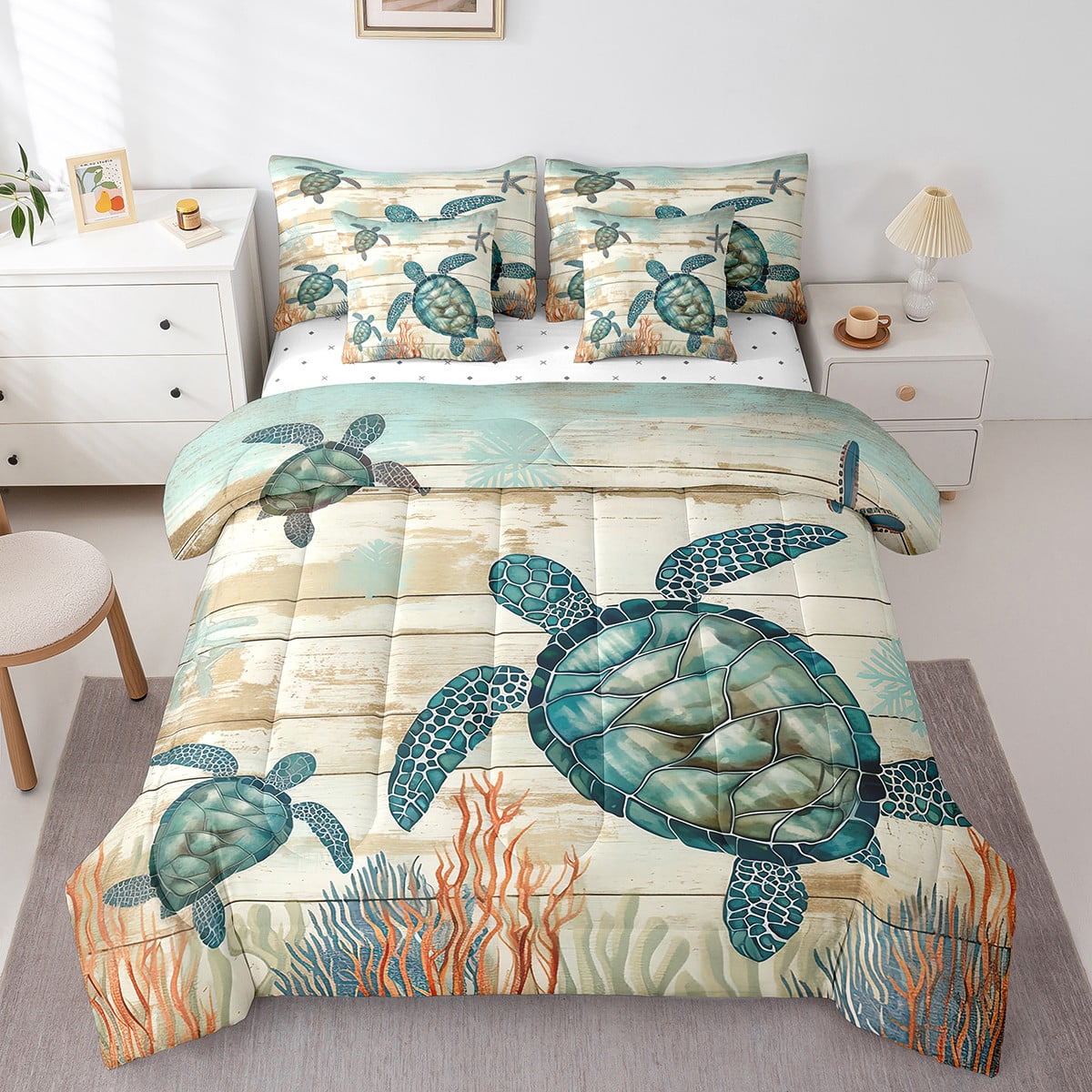 Ocean Sea Turtle Comforter Set 7 Piece Bed in a Bag Twin,Under Sea ...