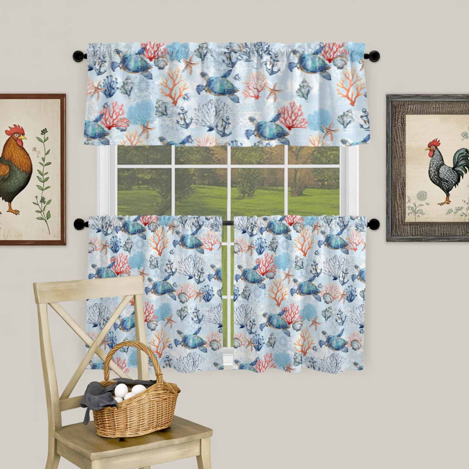 Ocean Sea Turtle Coral Seamless Curtain Tier and Valance Set 3 Piece ...