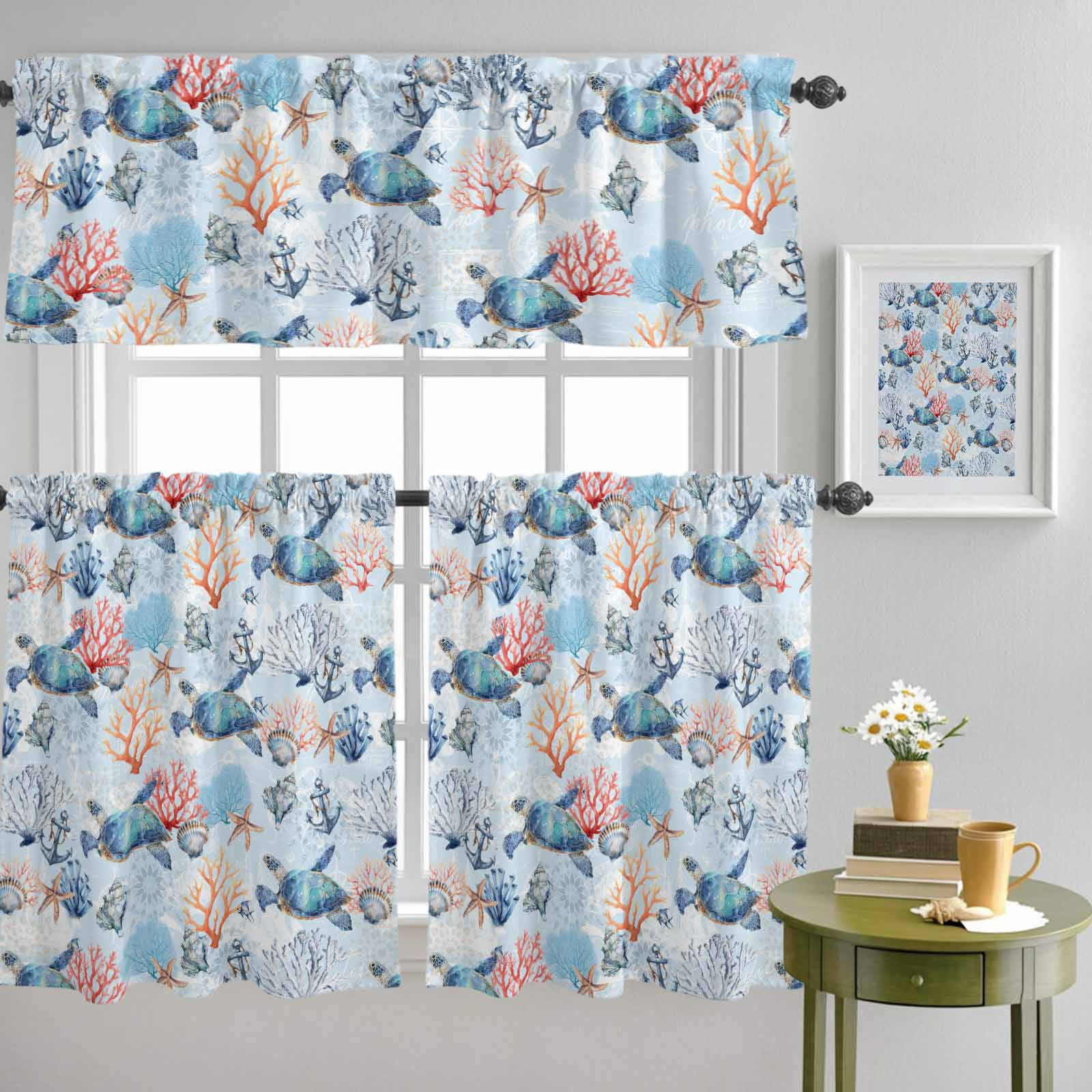 Ocean Sea Turtle Coral Seamless Curtain Tier and Valance Set 3 Piece ...