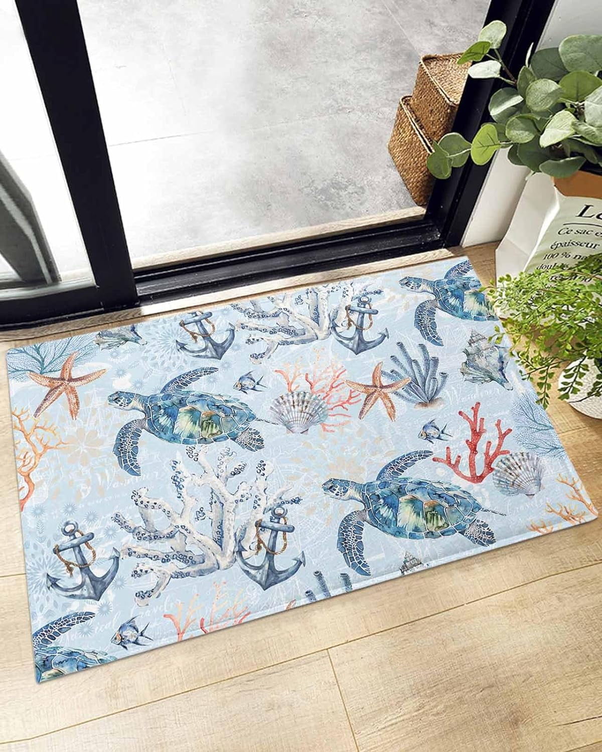 Ocean Sea Turtle Coral Seamless Doormat Shaggy Plush Rug, Comfy Furry ...