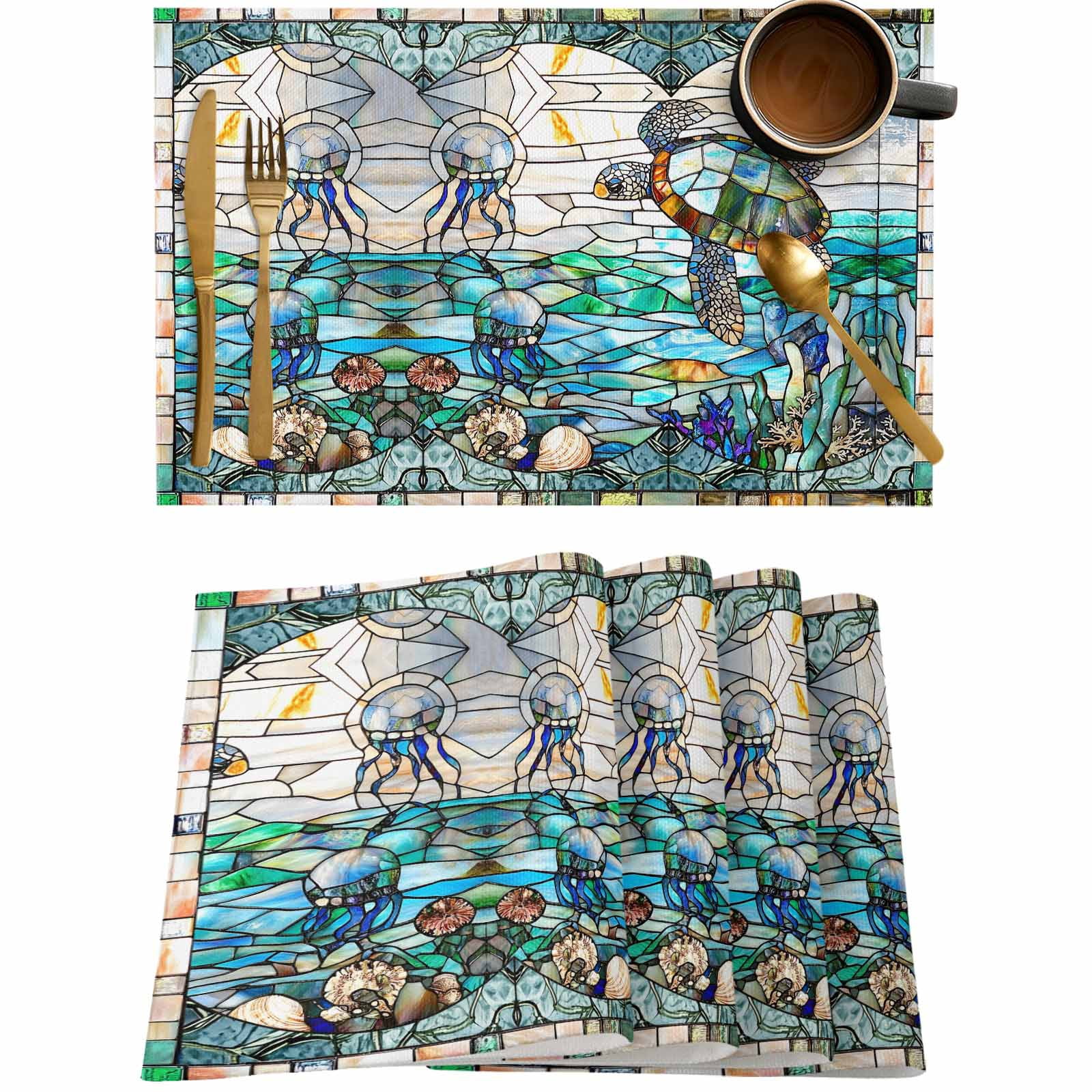Ocean Sea Turtle Coral Underwater World Placemats Set of 4,Wipeable ...