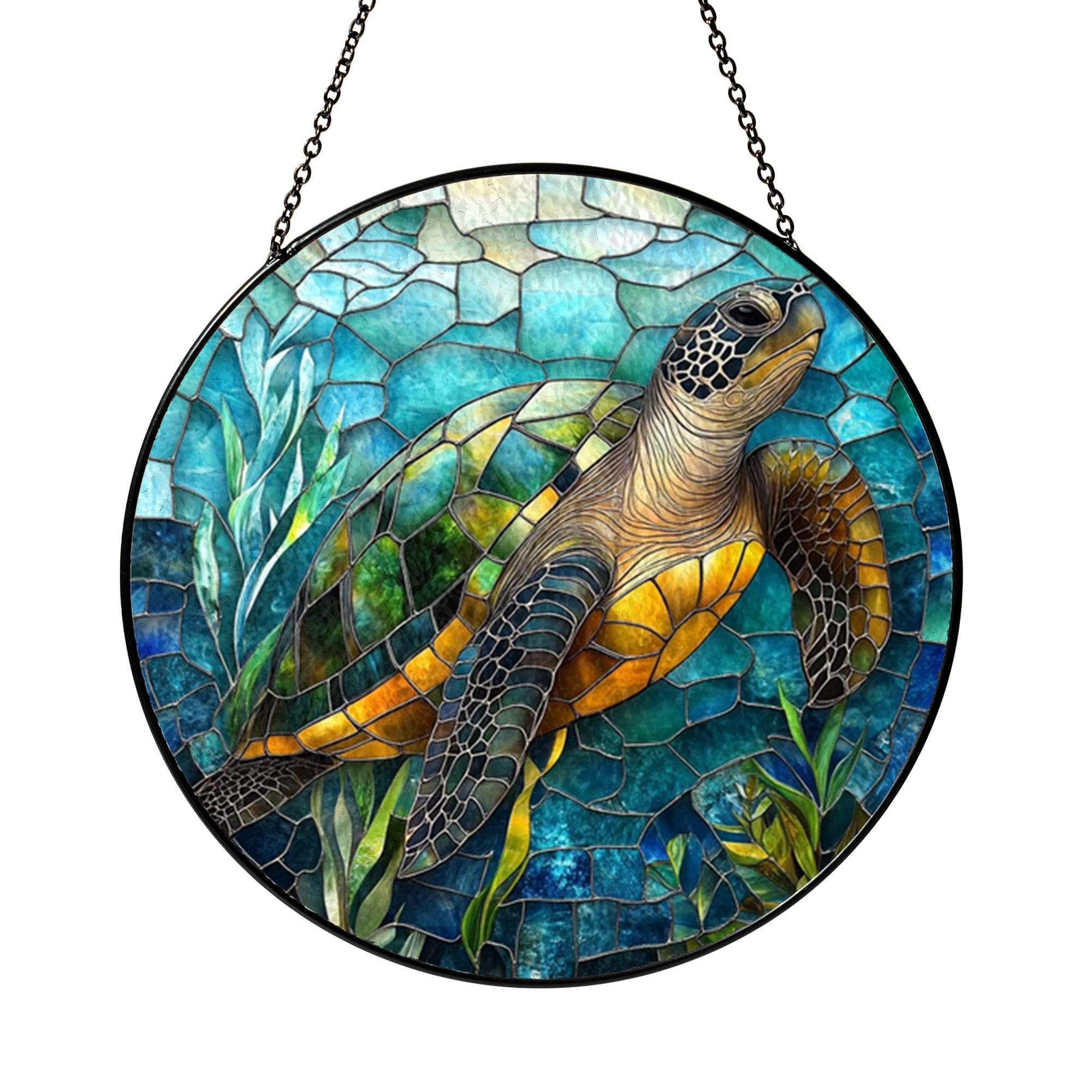 Ocean Sea Turtle Faux Stained Glass Wreath Sign, Coastal Round Door ...