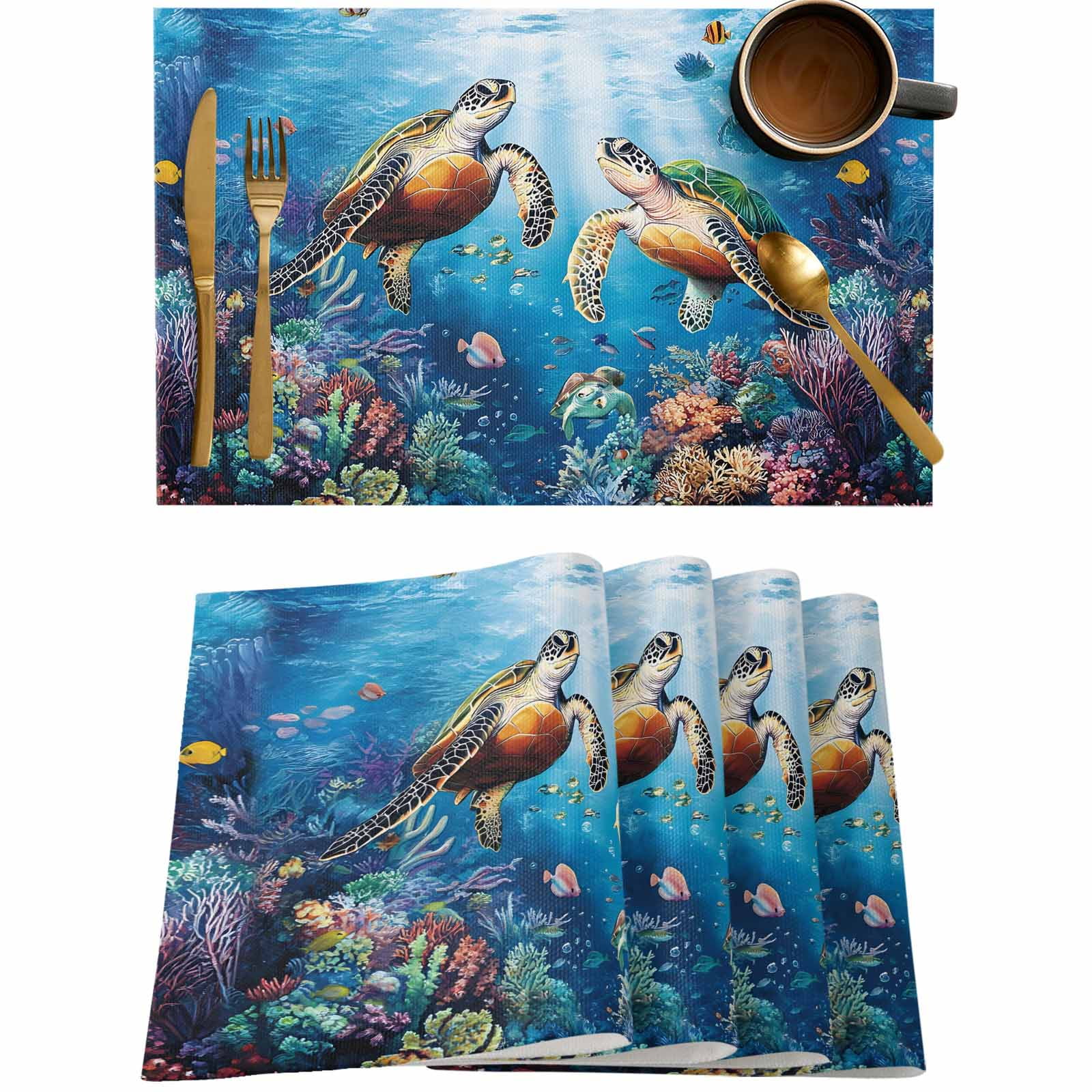 Ocean Sea Turtle Fish Marine Life Placemats Set of 4,Wipeable Washable ...