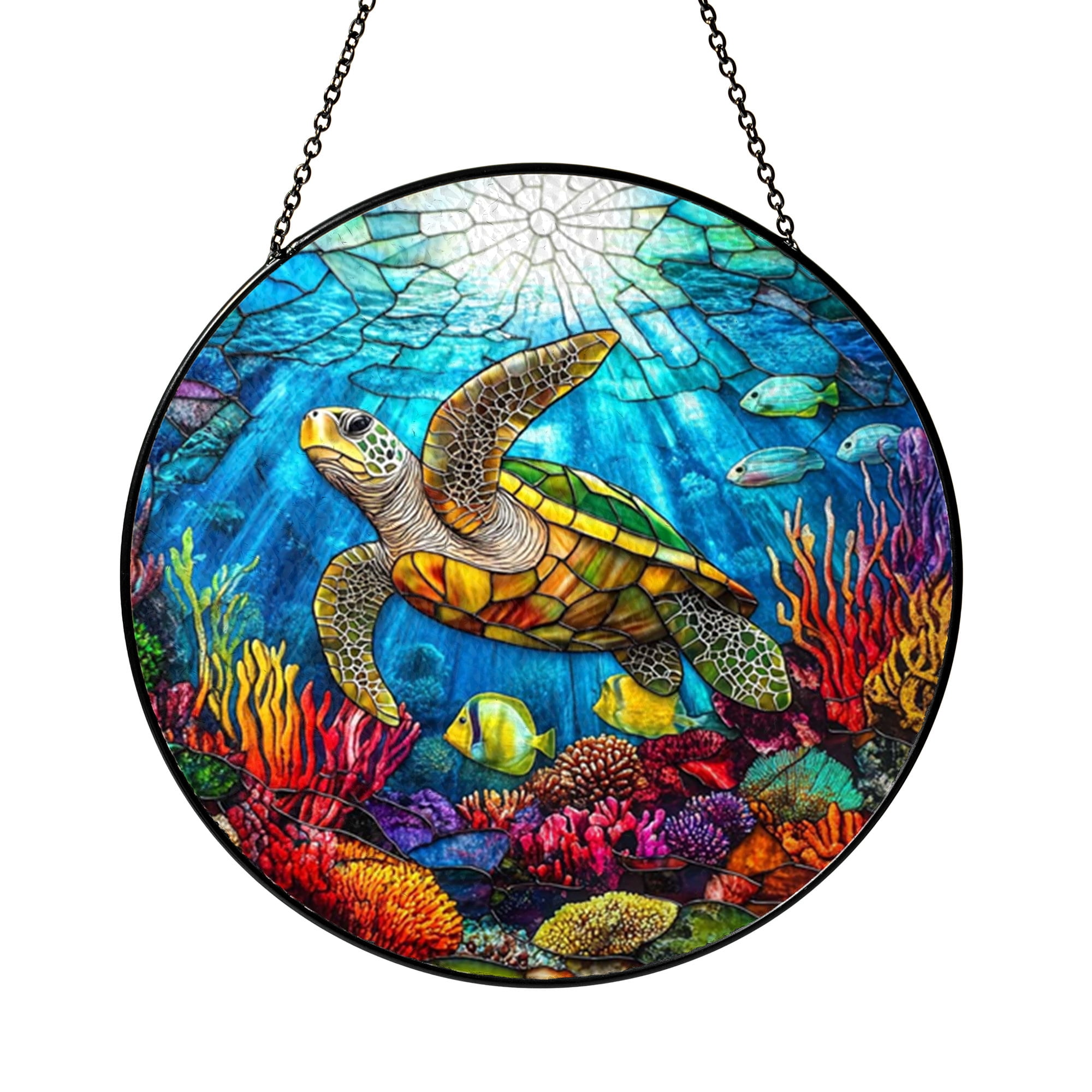 Ocean Sea Turtle Glass Suncatcher Panel, Stained Glass Style Coral Reef ...