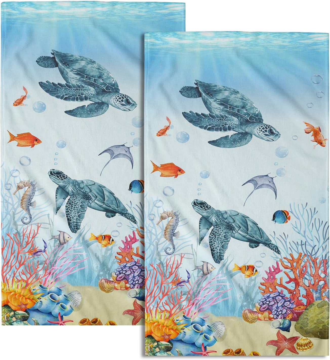 Ocean Sea Turtle Hand Towels Set of 2 Tropical Fish Coral Fingertip ...