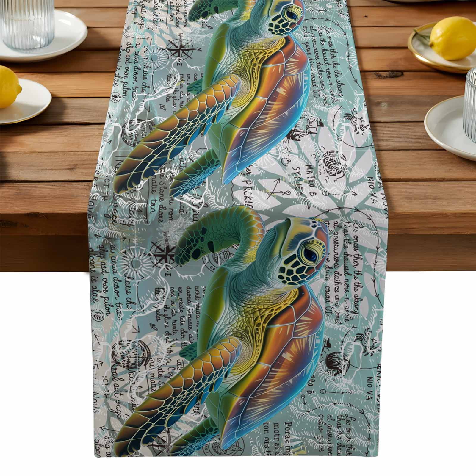 Ocean Sea Turtle Nautical Map Table Runners 13x90 Inches Long Linen ...