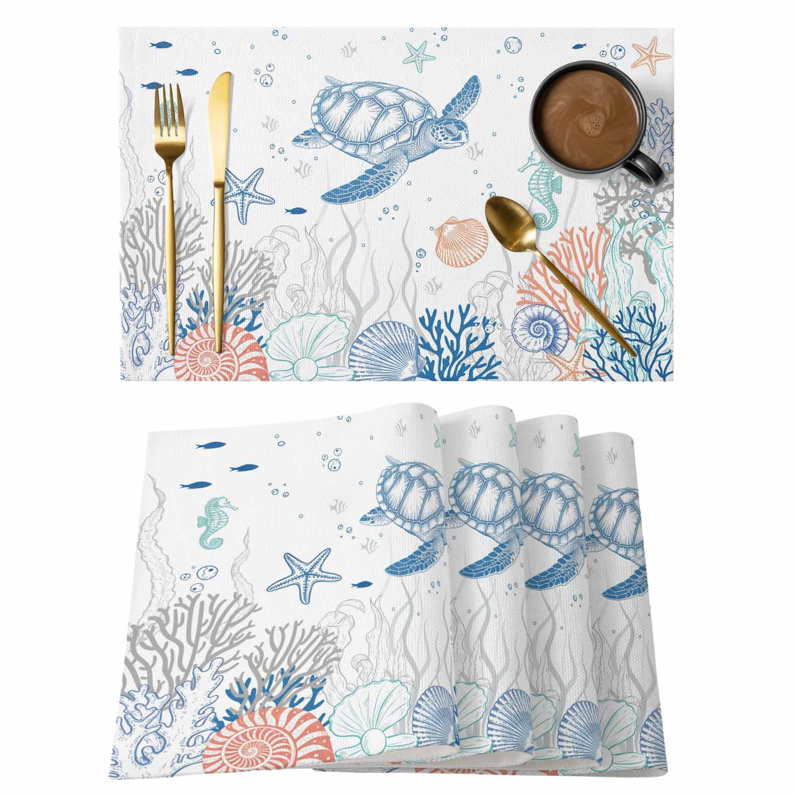 Ocean Sea Turtle Placemats Set of 8, Summer Coastal Beach Starfish ...