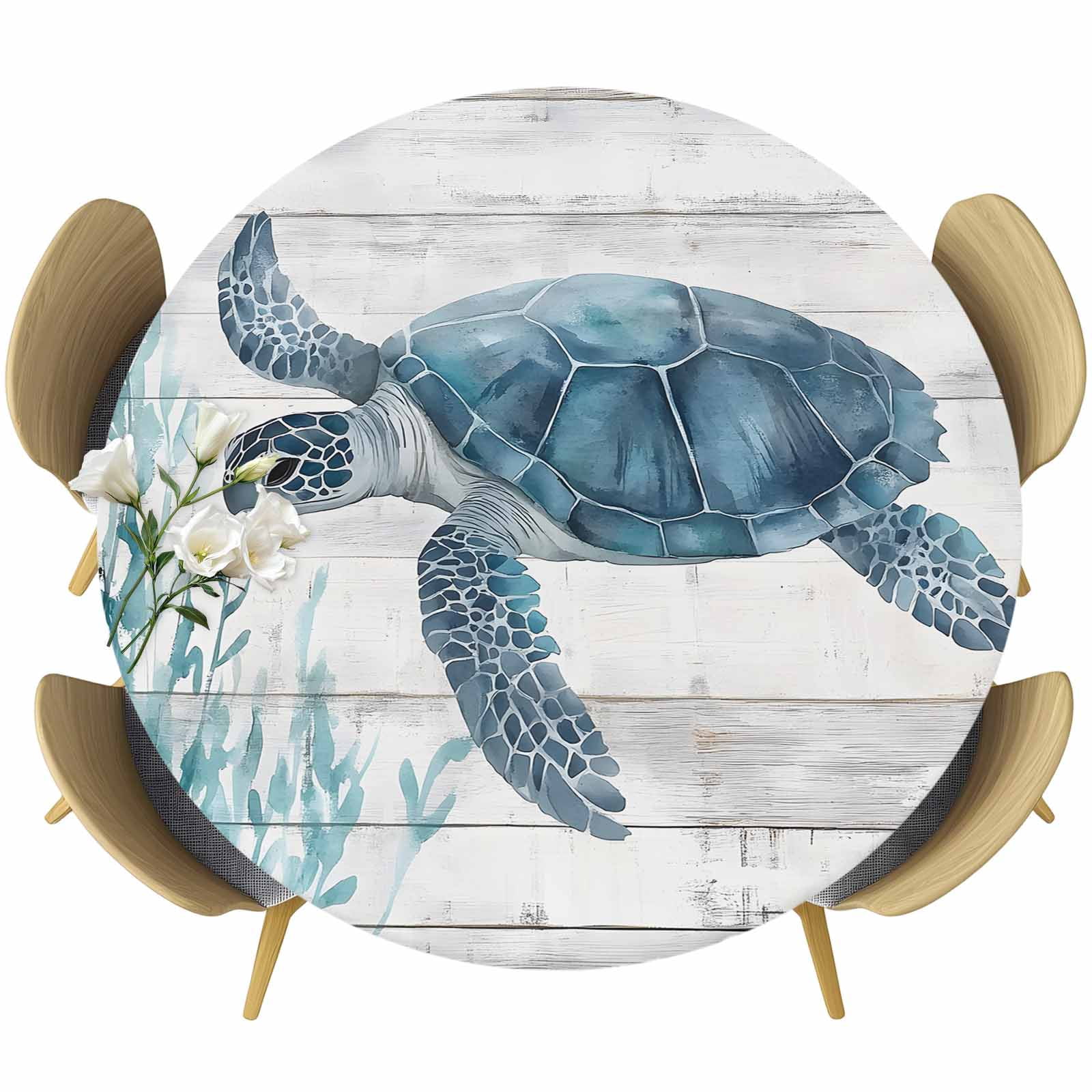 Ocean Sea Turtle Round Tablecloth 45-54 Inch Round Fitted Table Cloth with Elastic Edge, Summer ...